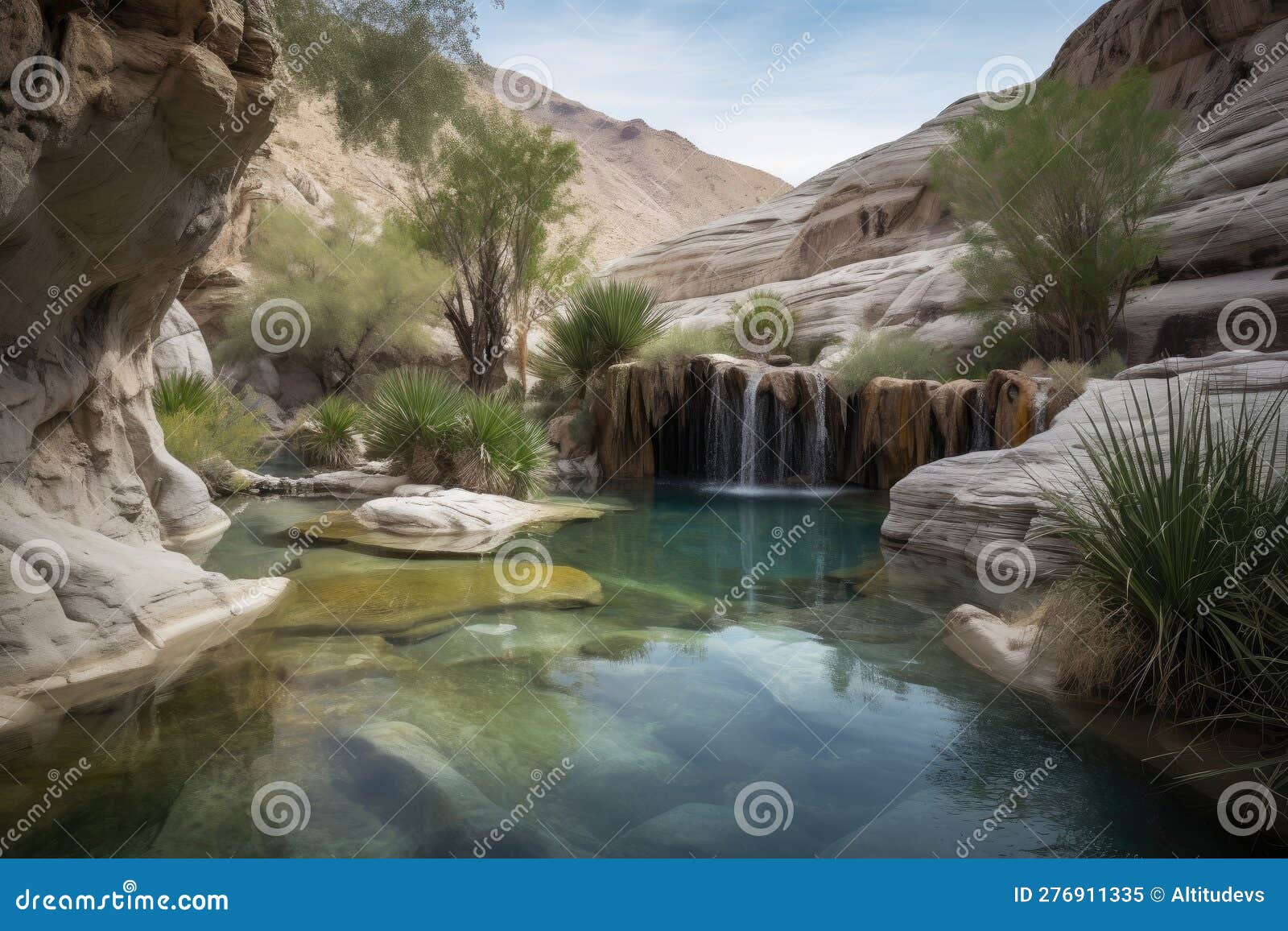 Desert Oasis with Waterfalls and Rock Pools on a Mountainside Stock ...