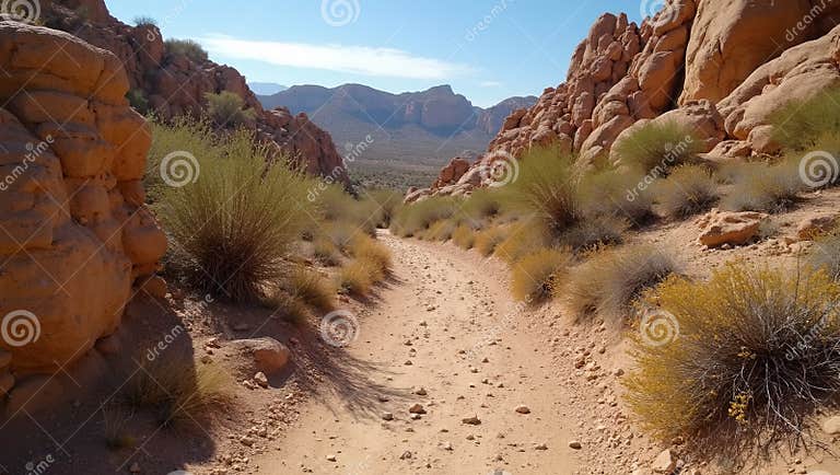 Desert Path with Cacti and Shrubs Amidst Rocky Terrain Stock ...