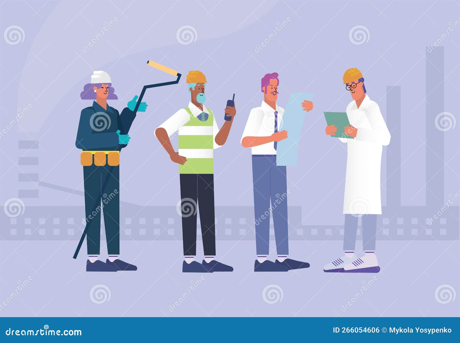 Hard Workers Pushing Wheelbarrow And Carry Big Box Vector. Delivery Man ...