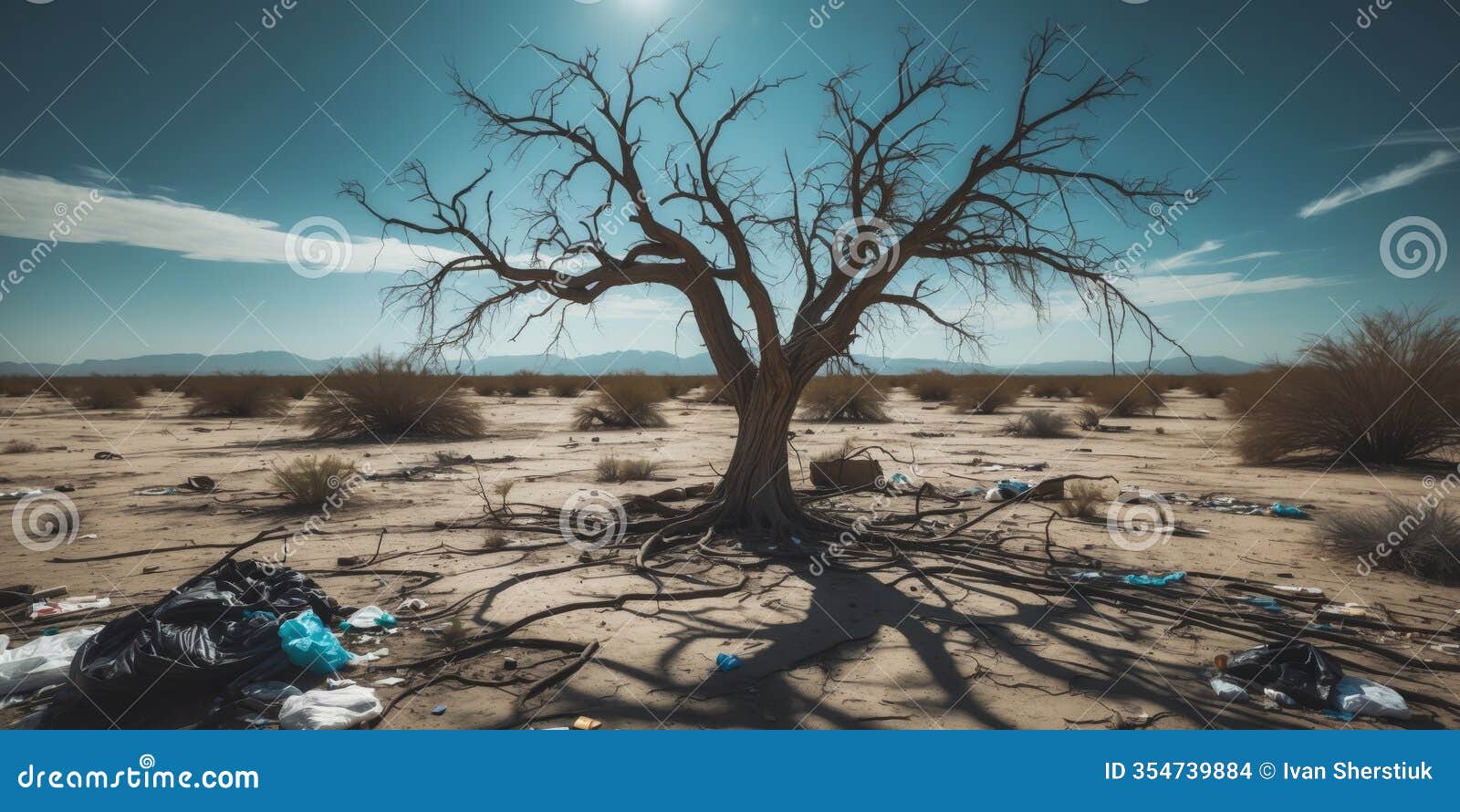 Desert Pollution Impact a Bare Tree in a Parched Landscape Under a ...