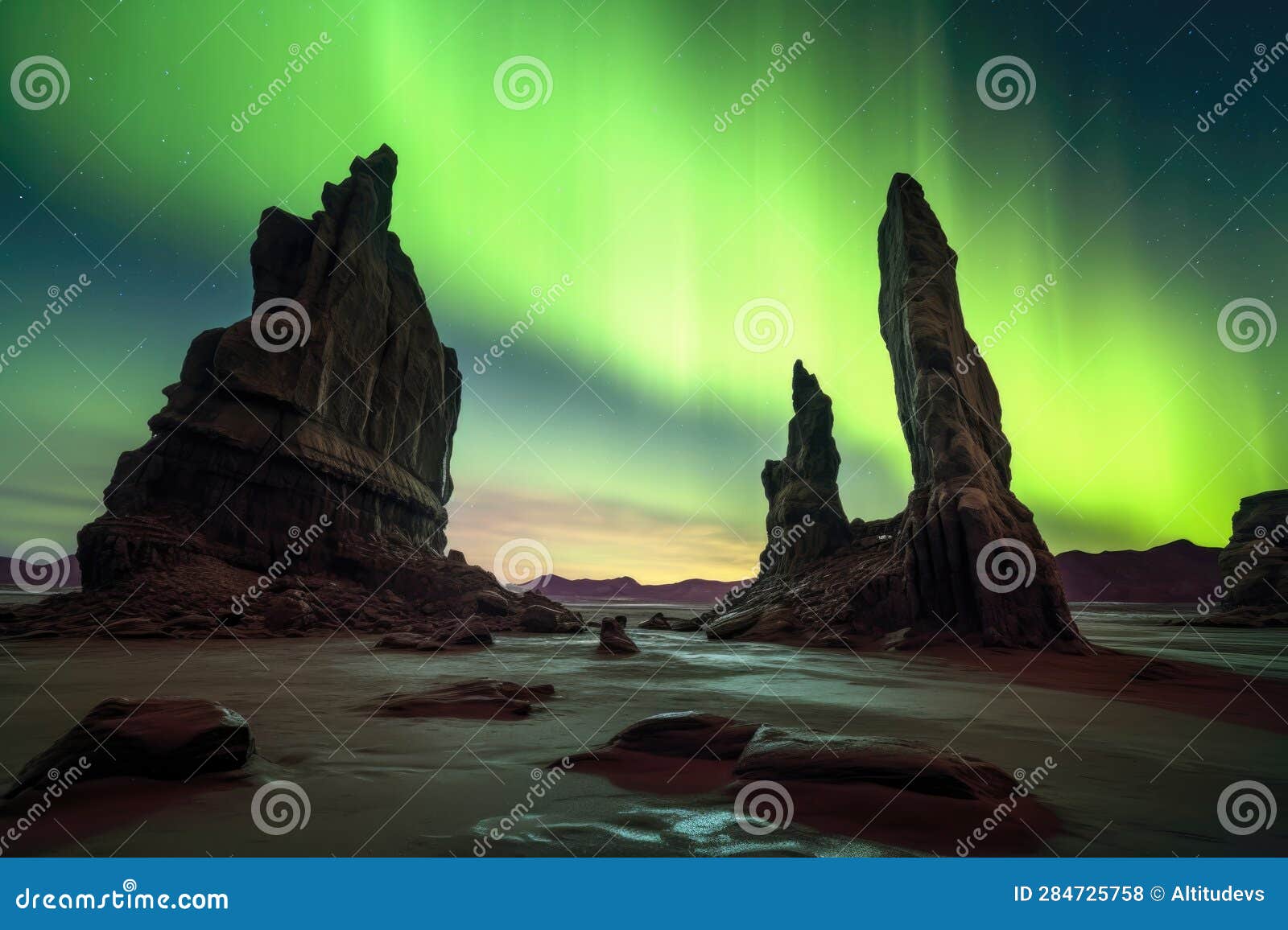 Desert Rock Formations Backlit by Mesmerizing Northern Lights Stock ...
