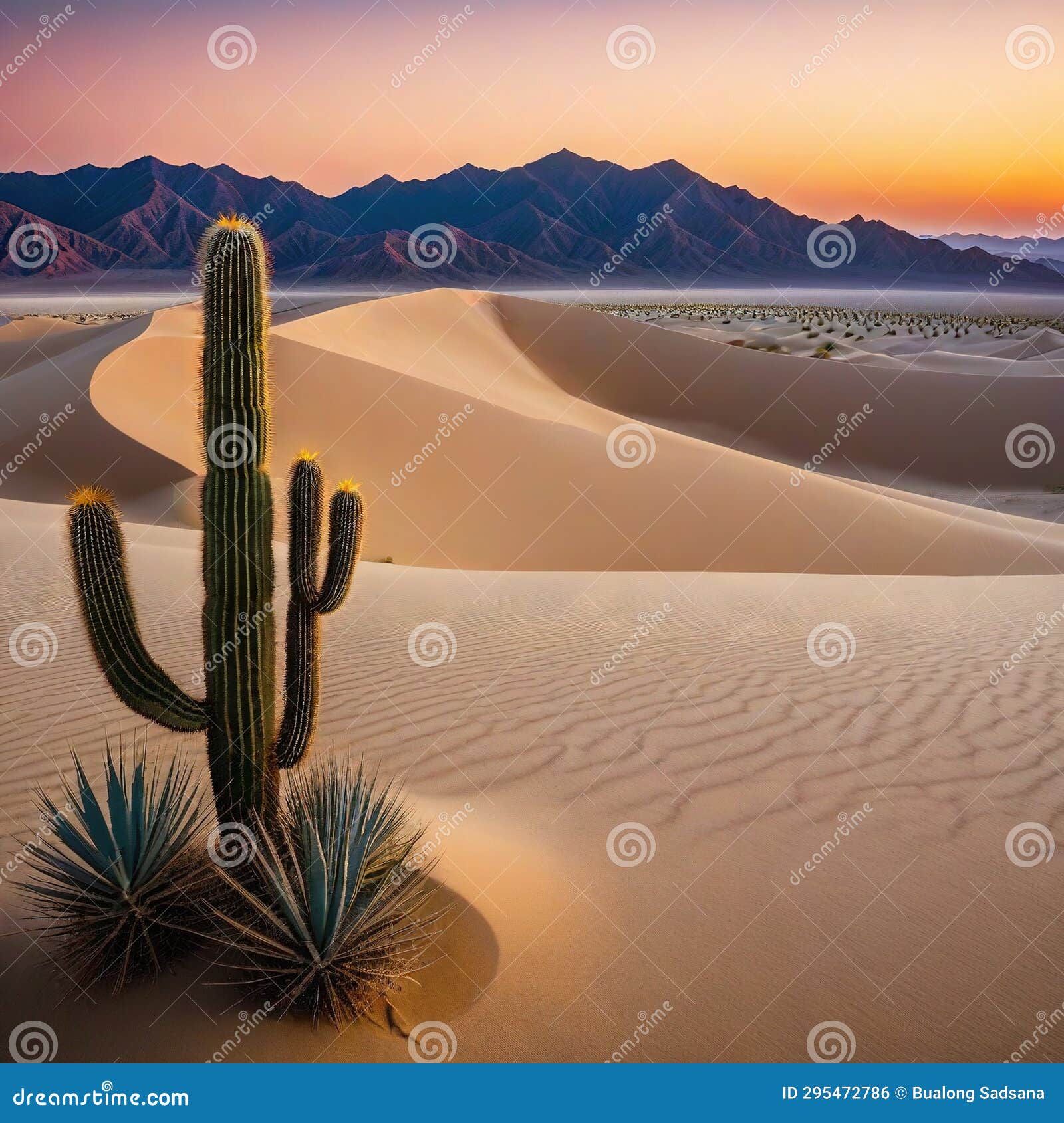 Desert Scene with Cactus and Mountains in Stock Illustration ...
