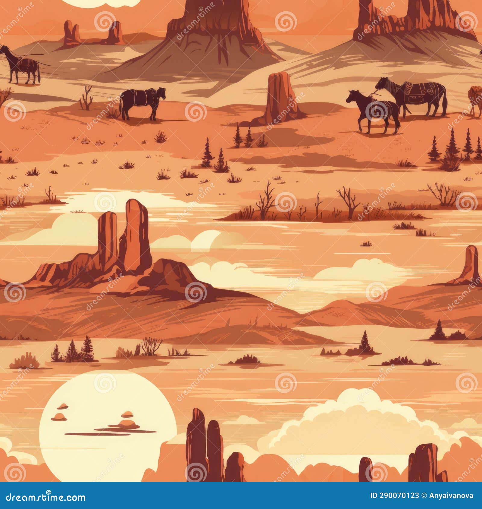 A Desert Scene with Horses and Mountains in the Background. Seamless ...