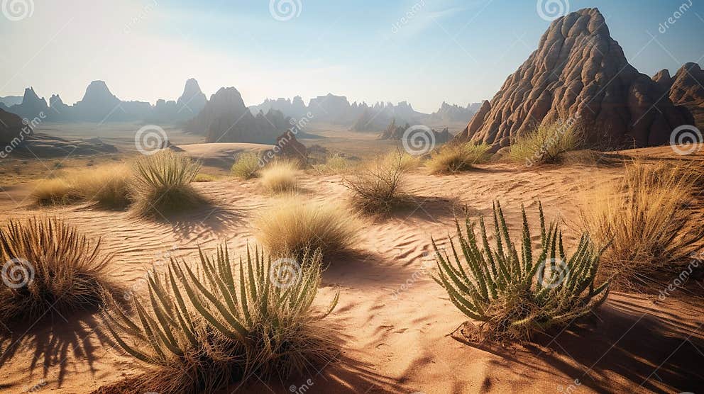 A Desert Scene with Rocks and Plants in the Foreground Stock ...