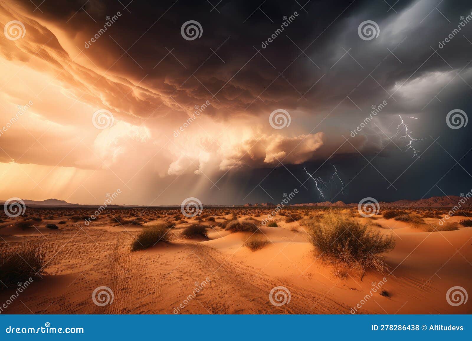 Desert Storm, with Dramatic Clouds and Lightning in the Background ...