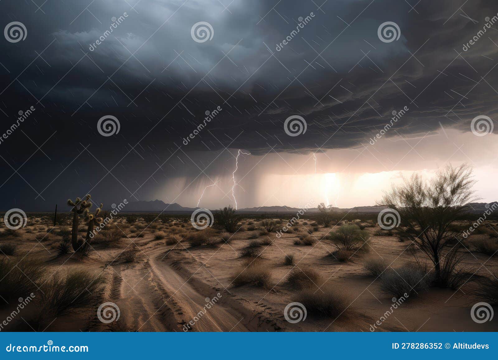 Desert Storm with Lightning Strikes and Rain Clouds in the Distance ...