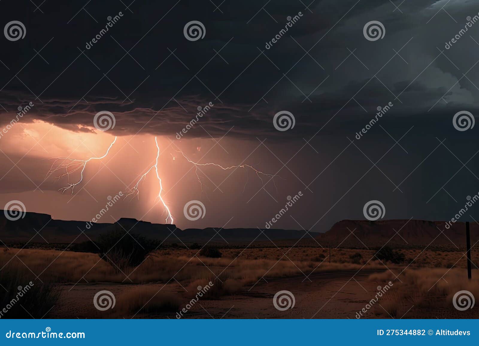 Desert Storm with Lightning and Thunder, Illuminating the Distant Storm ...