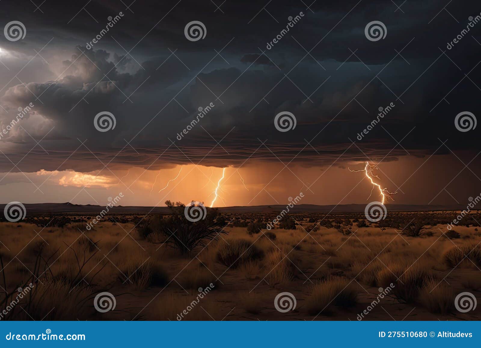 Desert Storm with Lightning and Thunder, Illuminating the Distant Storm ...