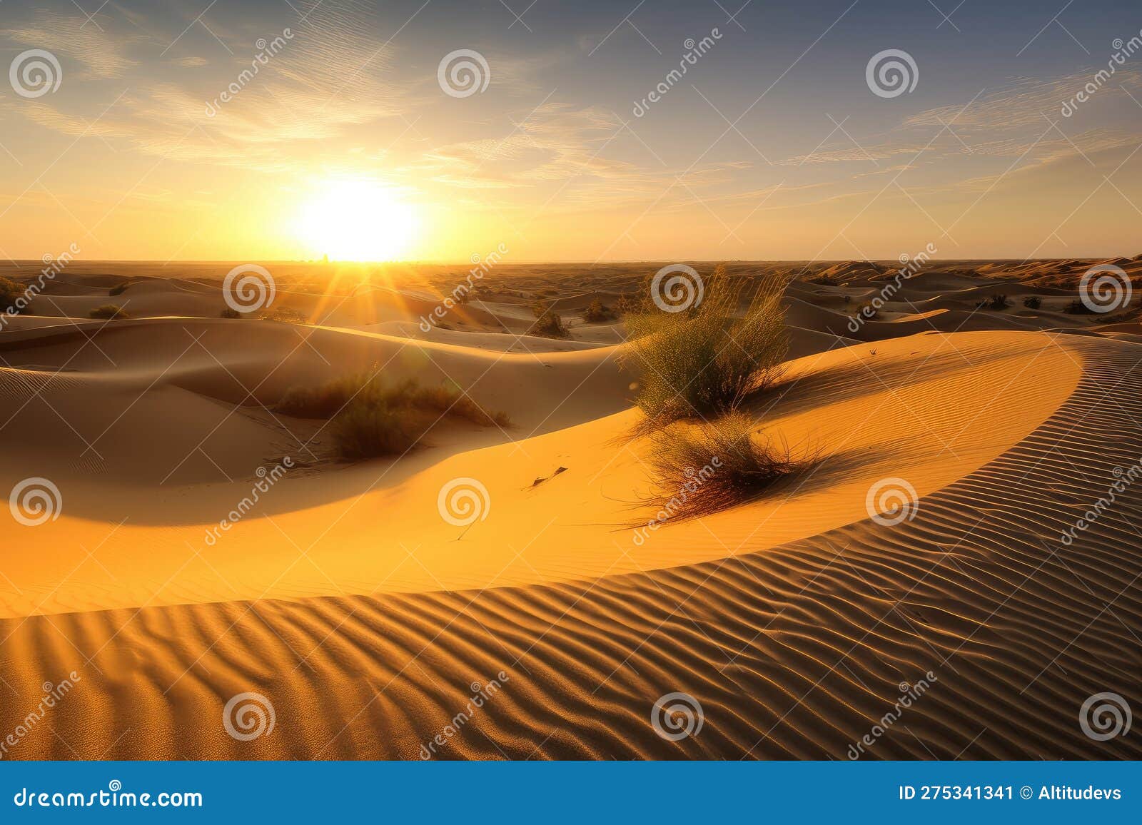 Desert with the Sun Setting Behind the Dunes, Casting a Warm and Golden ...