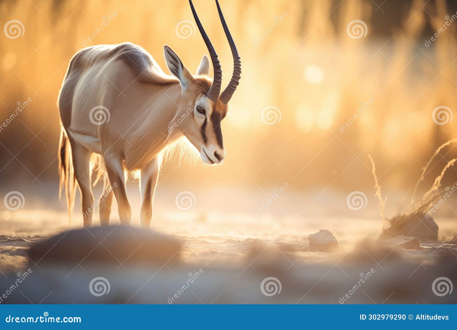 Desert Sunrise Casting Golden Light on Oryx Fur Stock Illustration ...