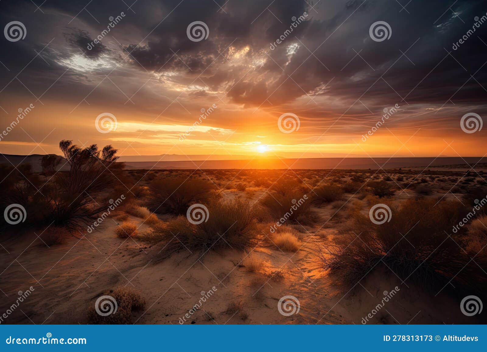 Desert Sunset, with Clouds and Sun Setting Behind the Horizon Stock Illustration - Illustration ...
