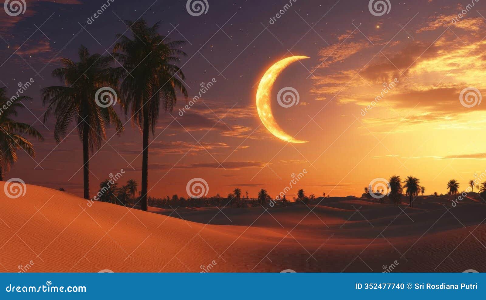 Desert Sunset with Crescent Moon and Palm Trees Stock Illustration ...