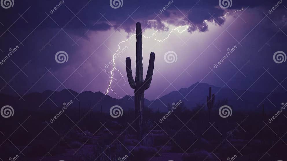 Desert Thunderstorm with Lightning and Cactus at Night Stock Photo ...
