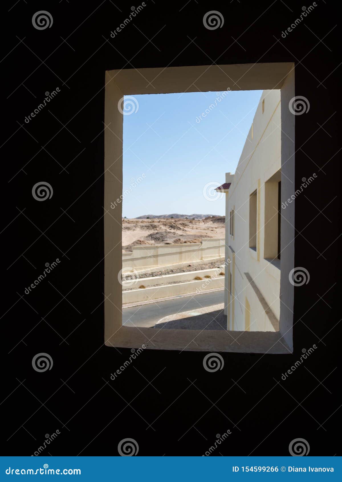 Desert View from Window, Sandy Mountains and House Stock Photo - Image ...