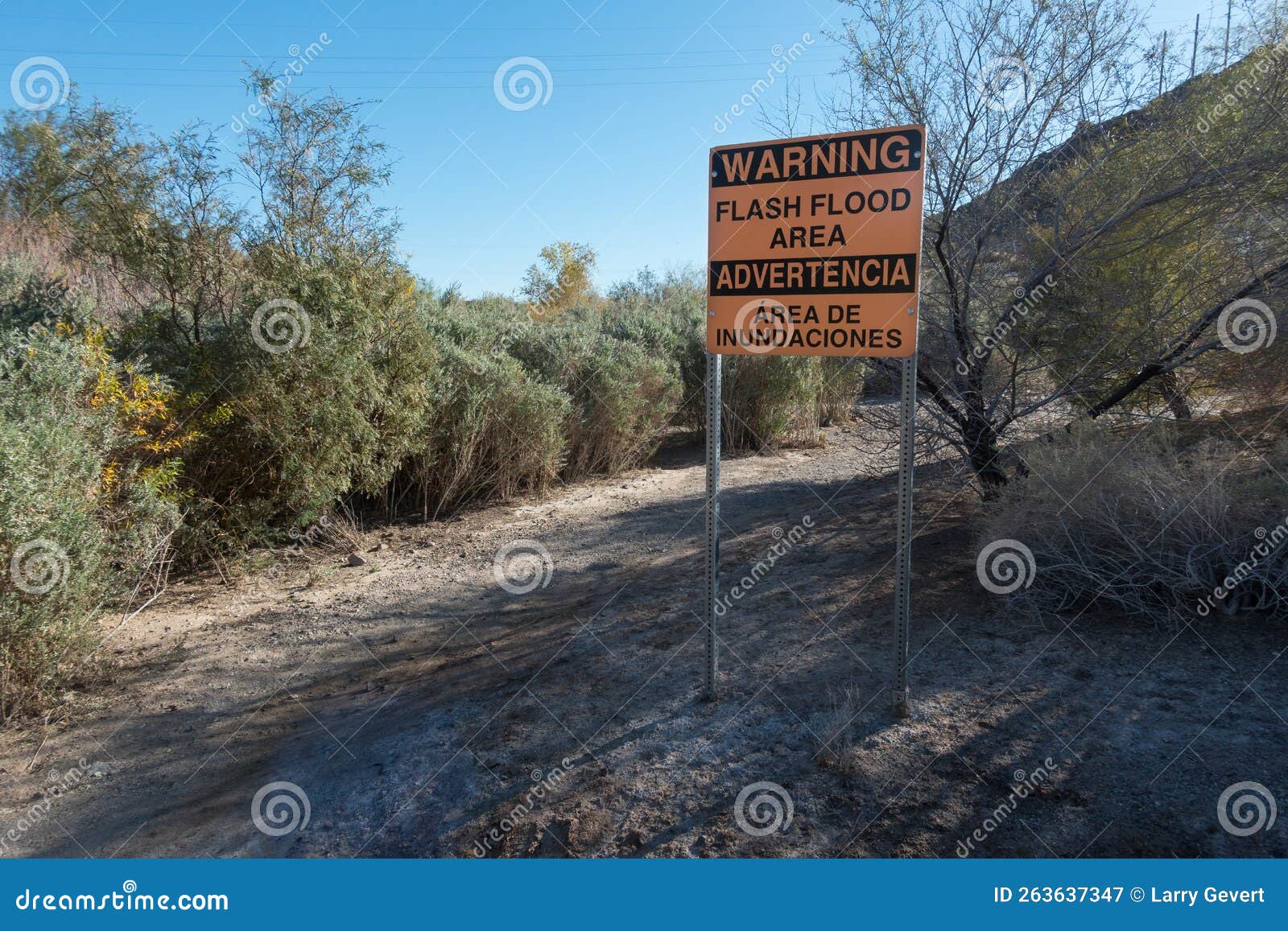 Desert Wash Warning Sign, Flash Flood Area Stock Image - Image of lake ...