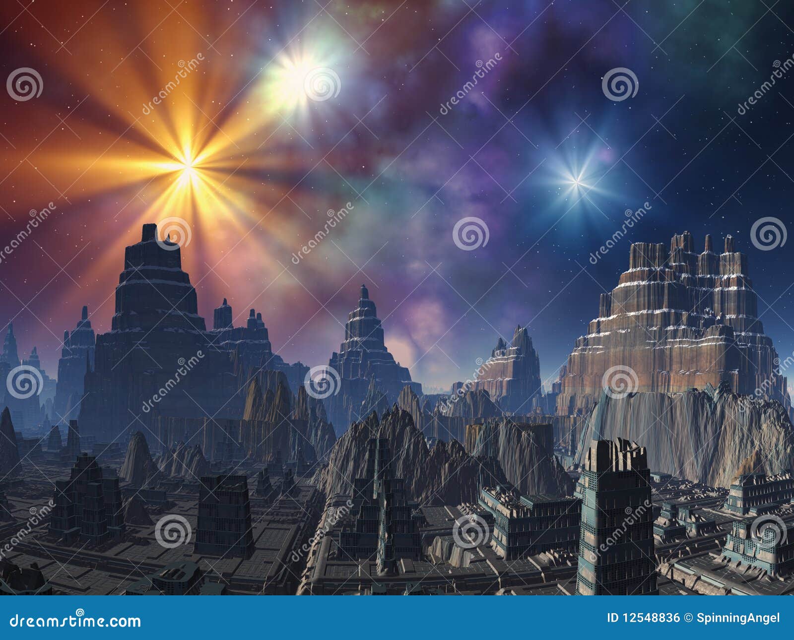 Alien Sci-fi City With Optical Flares Stock Illustration ...
