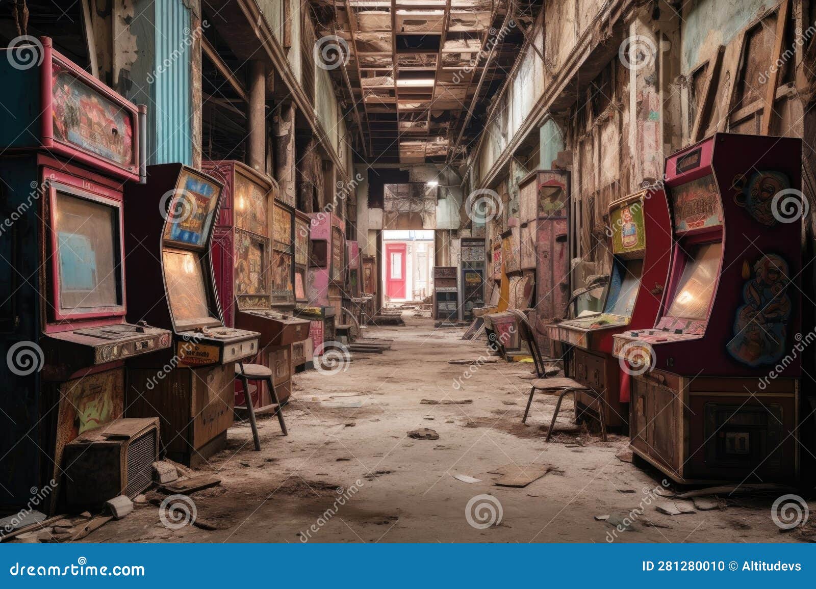 Deserted Arcade with Broken Game Machines Stock Illustration ...