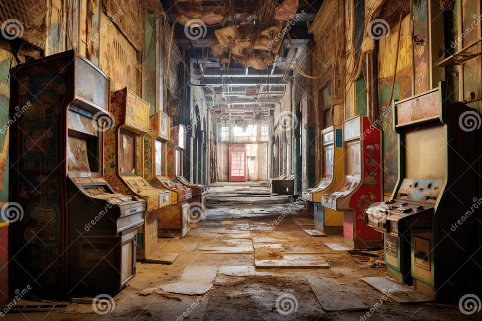 Deserted Arcade with Broken Game Machines Stock Illustration ...
