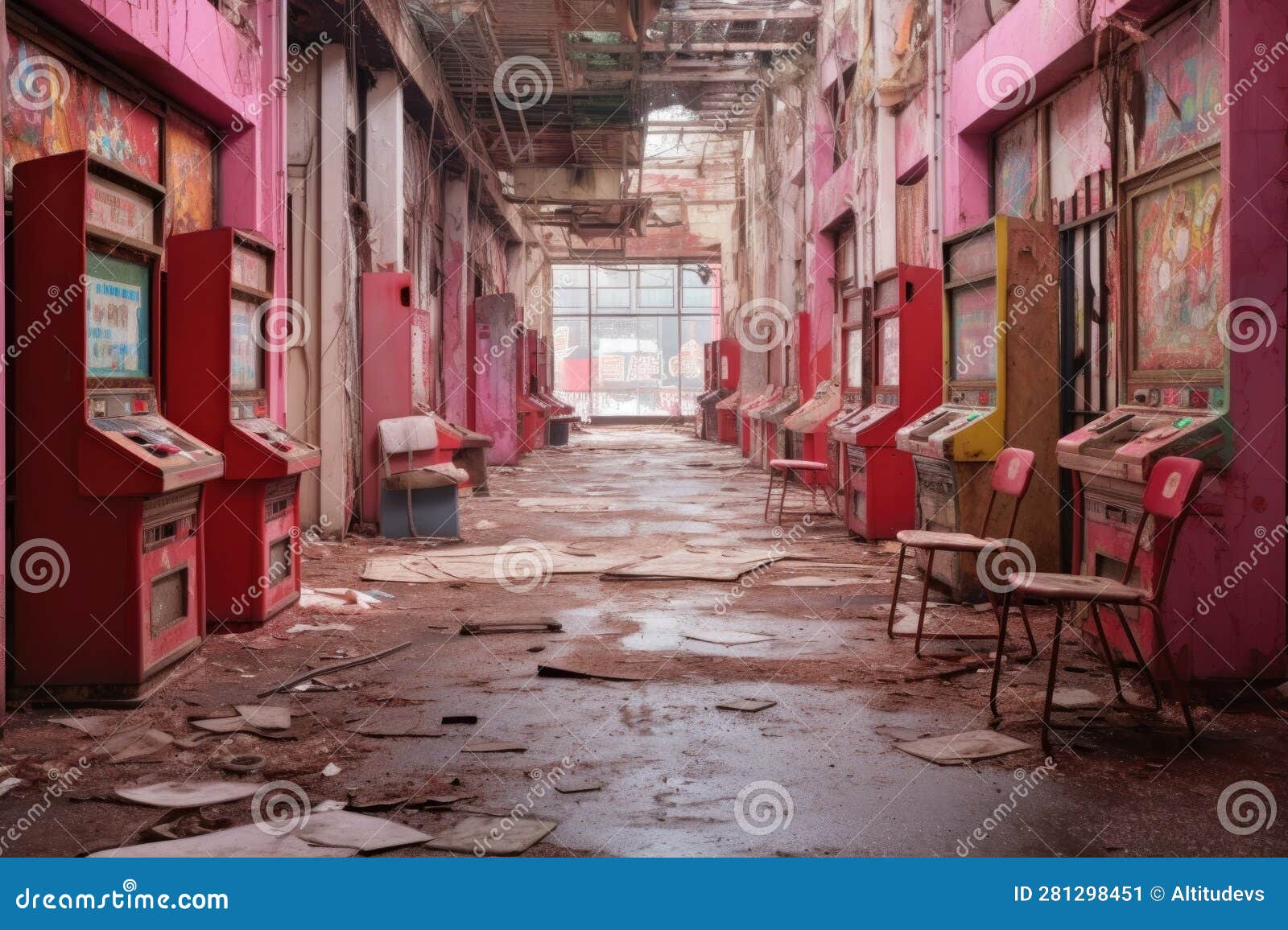 Deserted Arcade with Broken Game Machines Stock Illustration ...