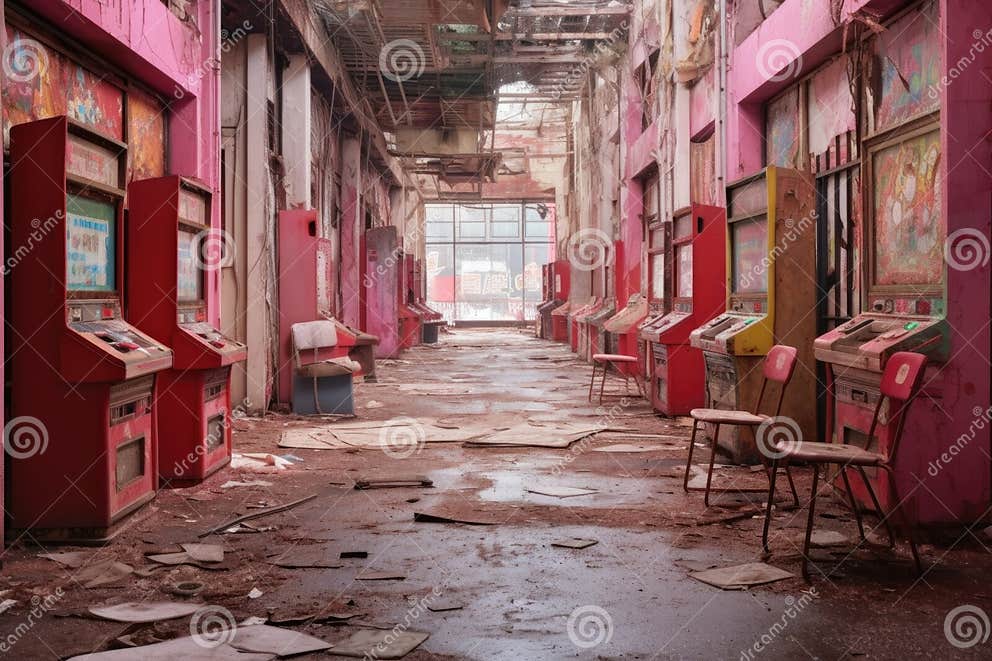 Deserted Arcade with Broken Game Machines Stock Illustration ...
