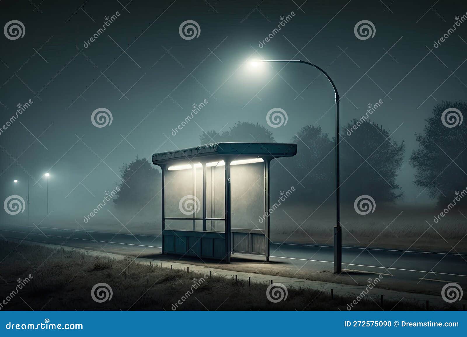 A Deserted Bus Stop, Illuminated by a Single Lamp Post in the Darkness ...
