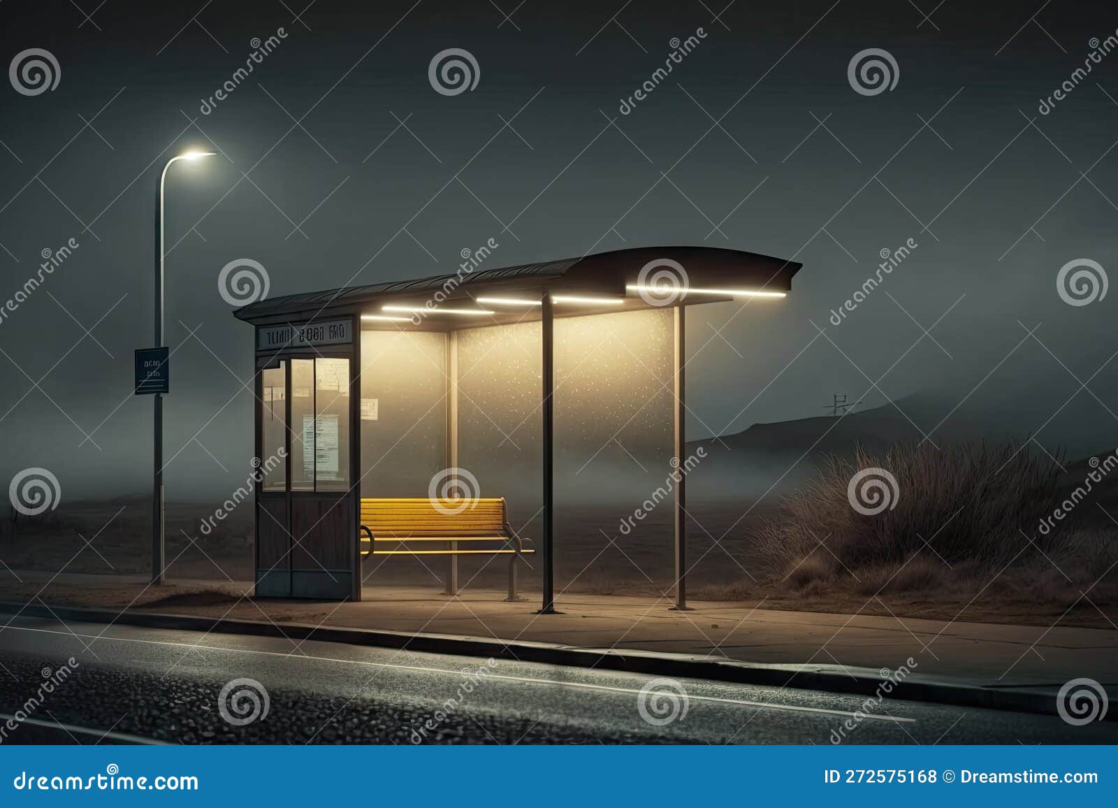 A Deserted Bus Stop, Illuminated by a Single Lamp Post in the Darkness ...