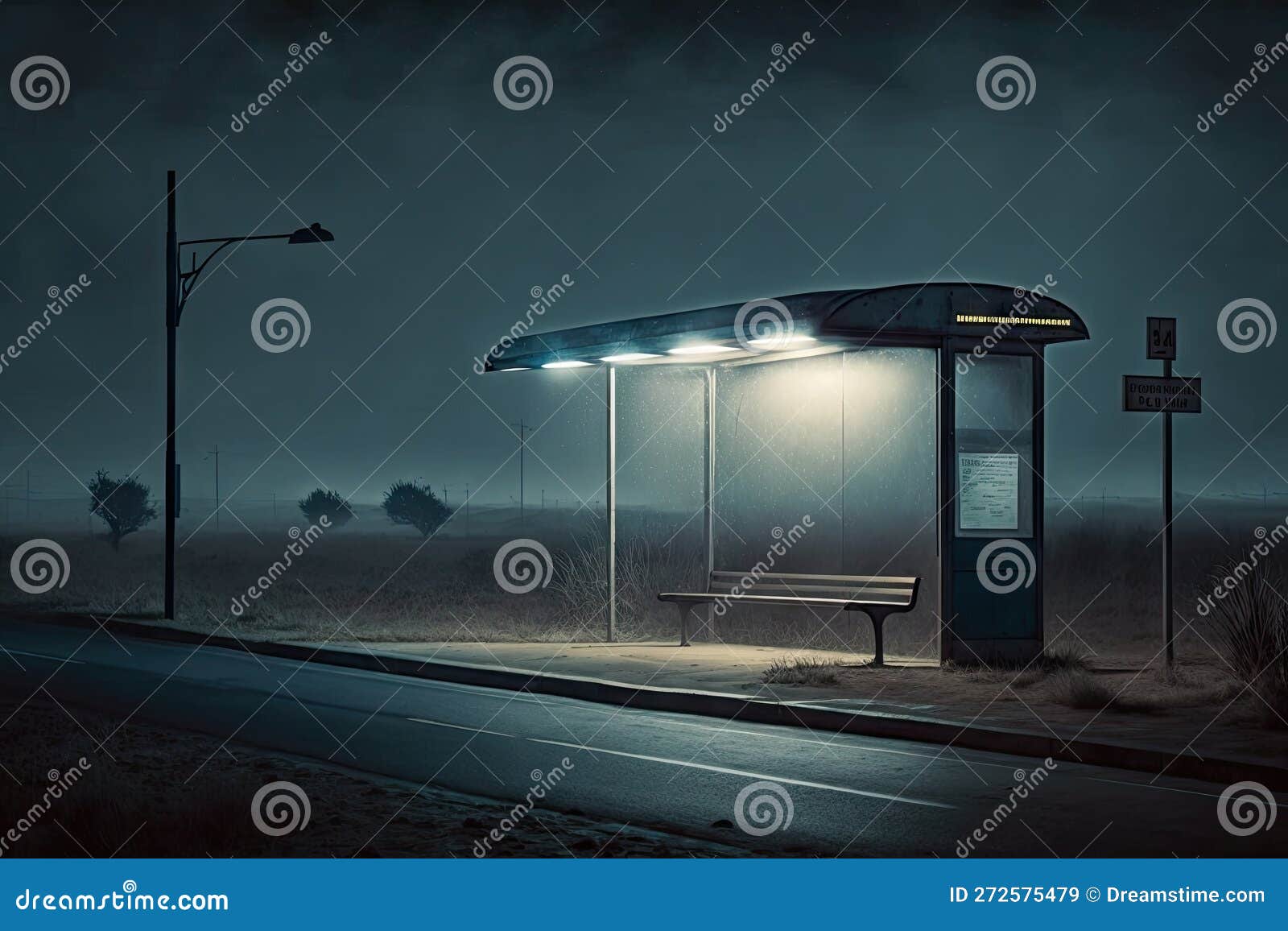 A Deserted Bus Stop with a Single Light Illuminating the Bench ...