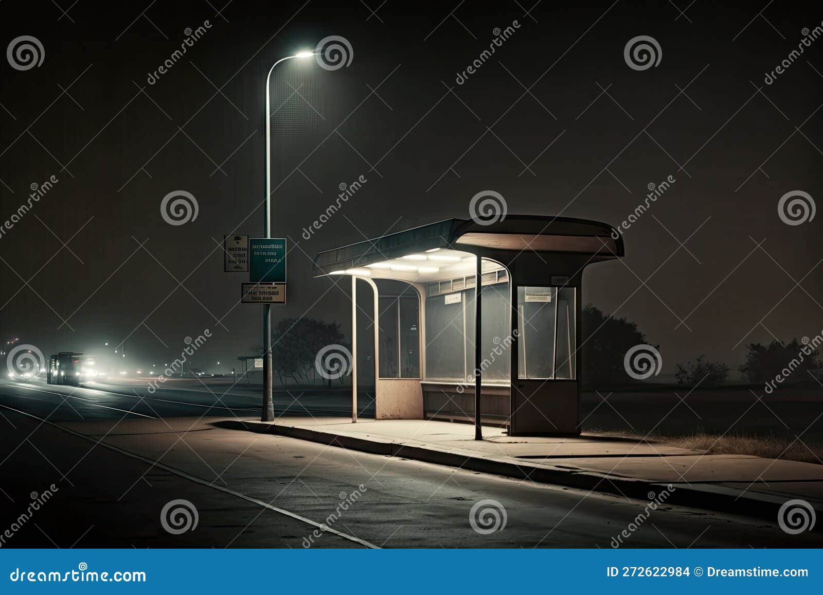 A Deserted Bus Stop, with only a Single Light Post Casting a Dim Glow ...