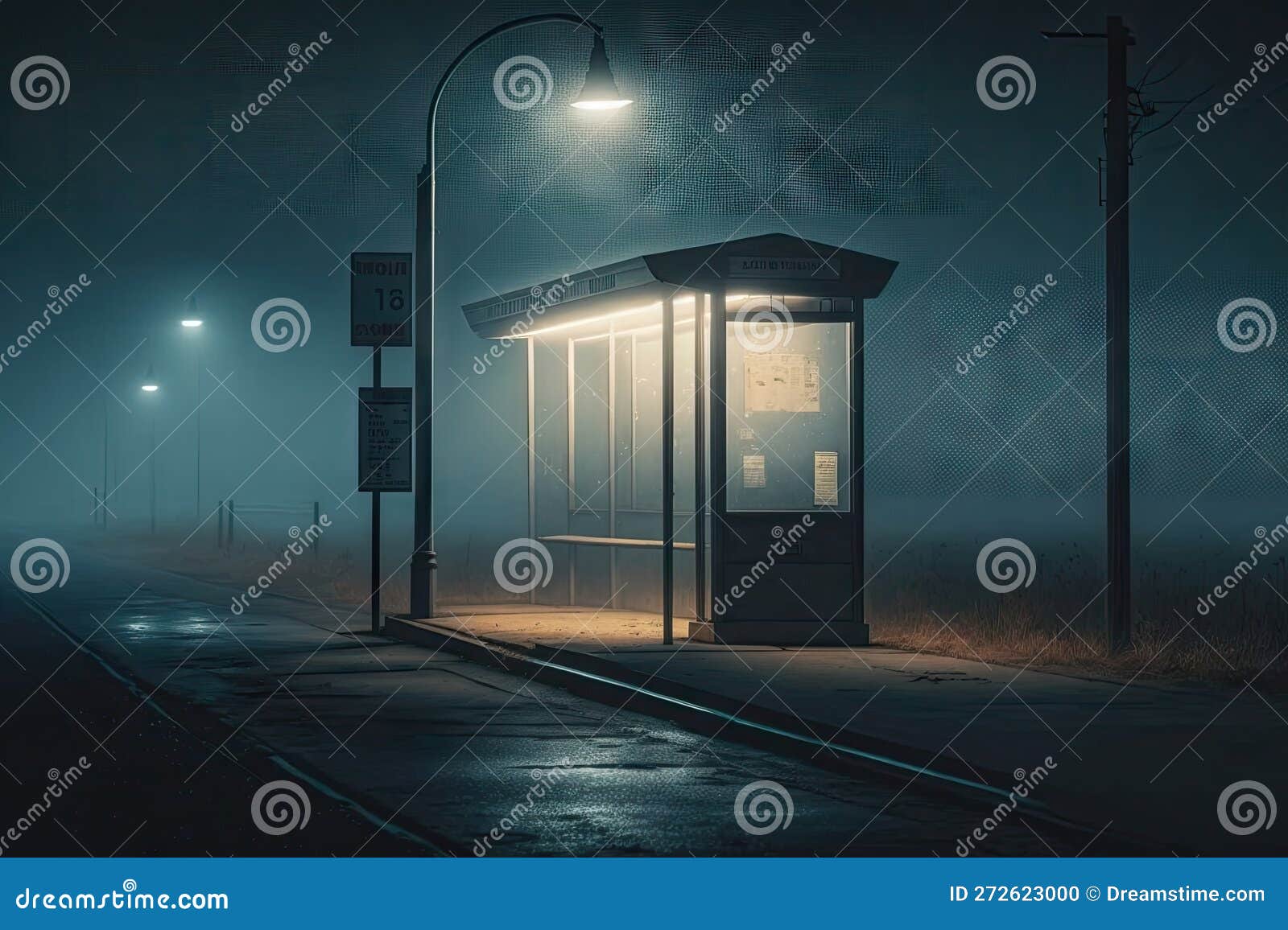 A Deserted Bus Stop, with only a Single Light Post Casting a Dim Glow ...