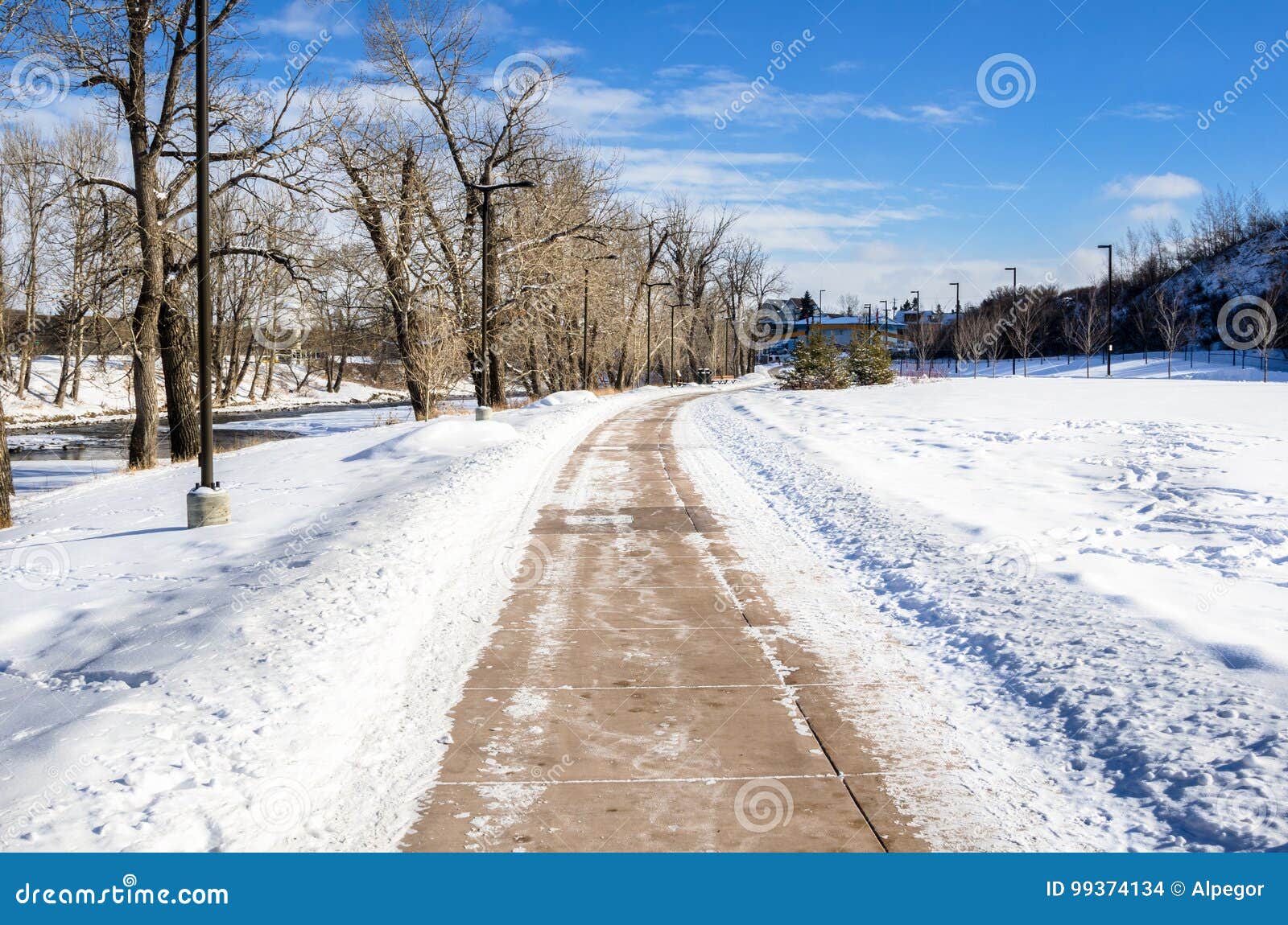 Deserted Cleared Path through a Park Covered in Snow Stock Photo ...