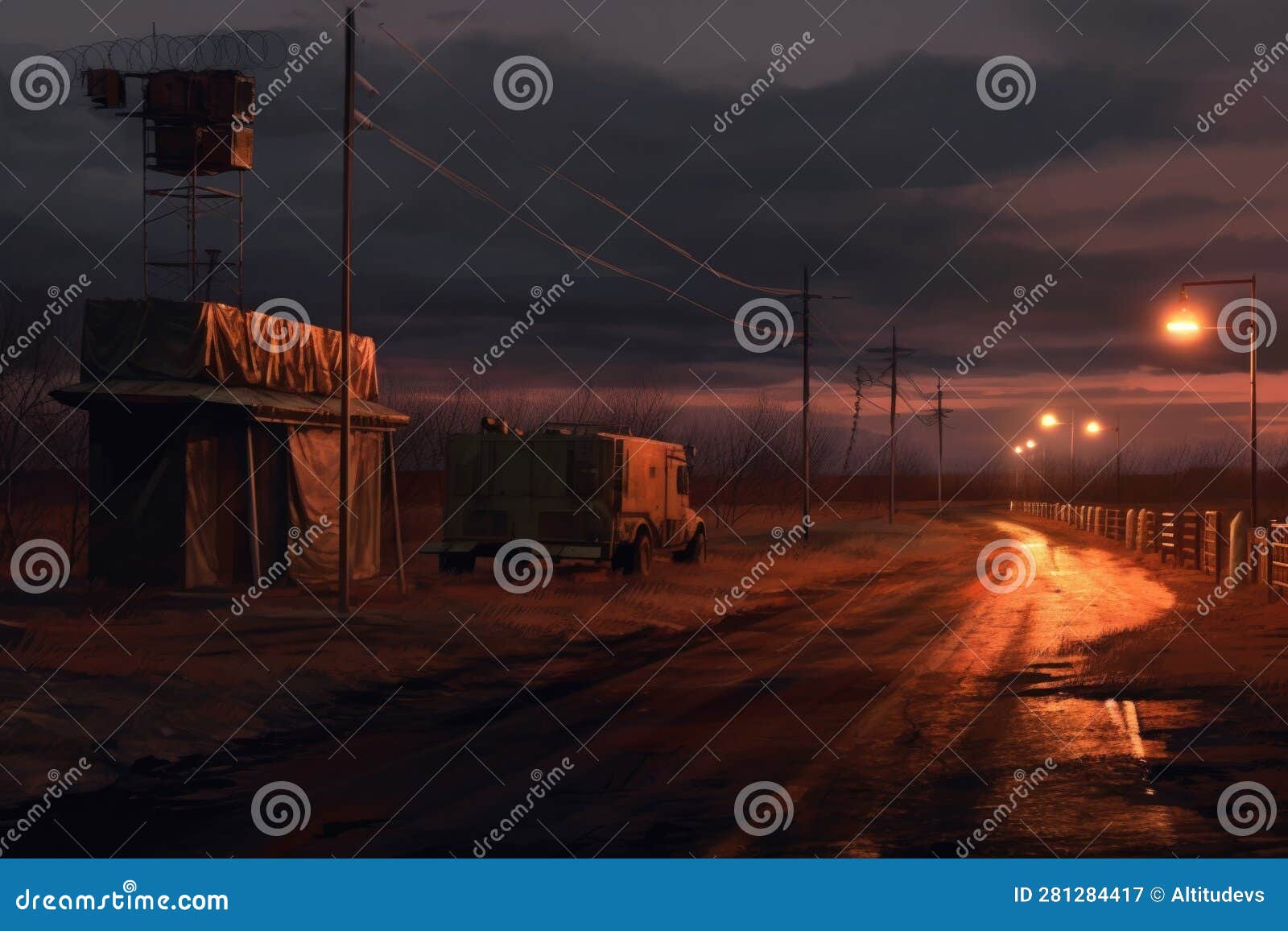 Deserted Military Checkpoint at Dusk Stock Illustration - Illustration ...