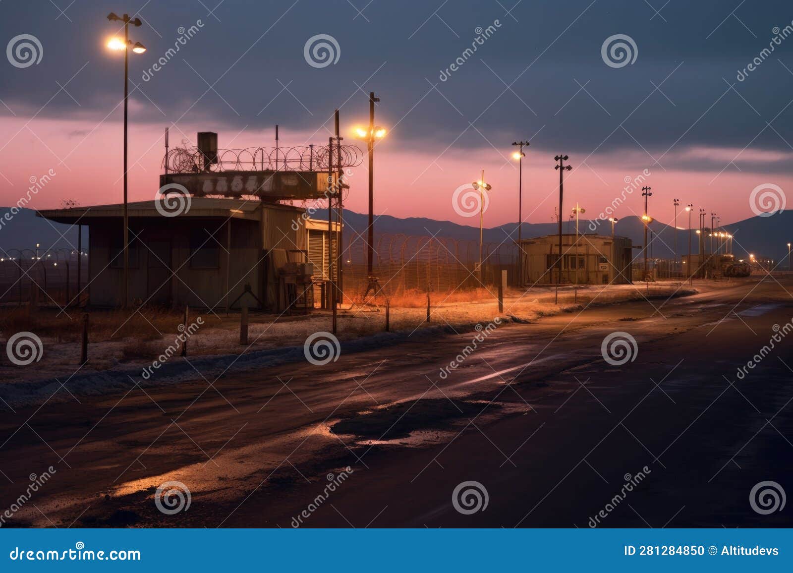Deserted Military Checkpoint at Dusk Stock Illustration - Illustration ...