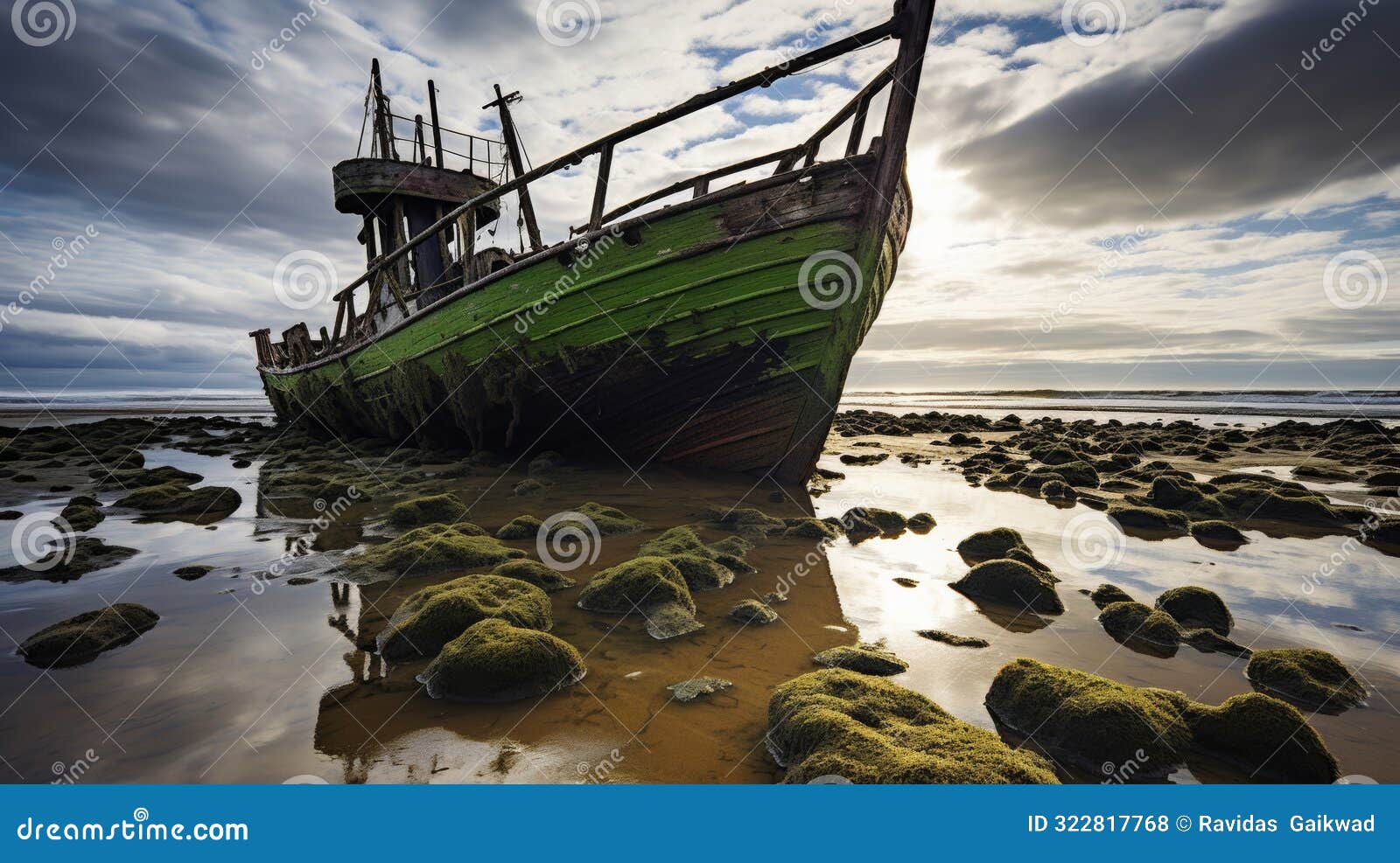 Deserted Moss-covered Shipwreck On Beach, Forgotten Vessel Stock ...