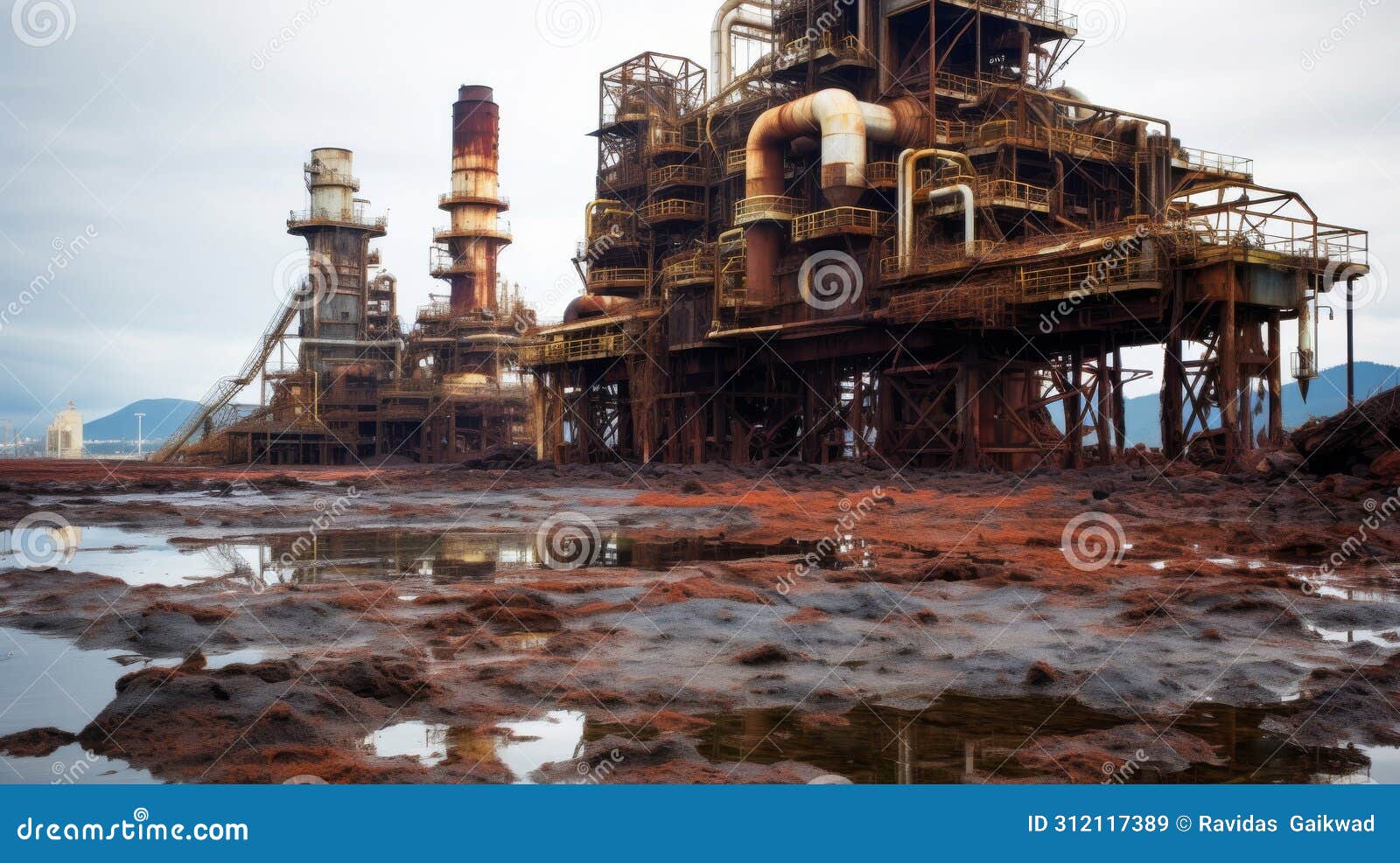 Deserted Oil Rig Slick Ocean Surface Environmental Impact Stock ...