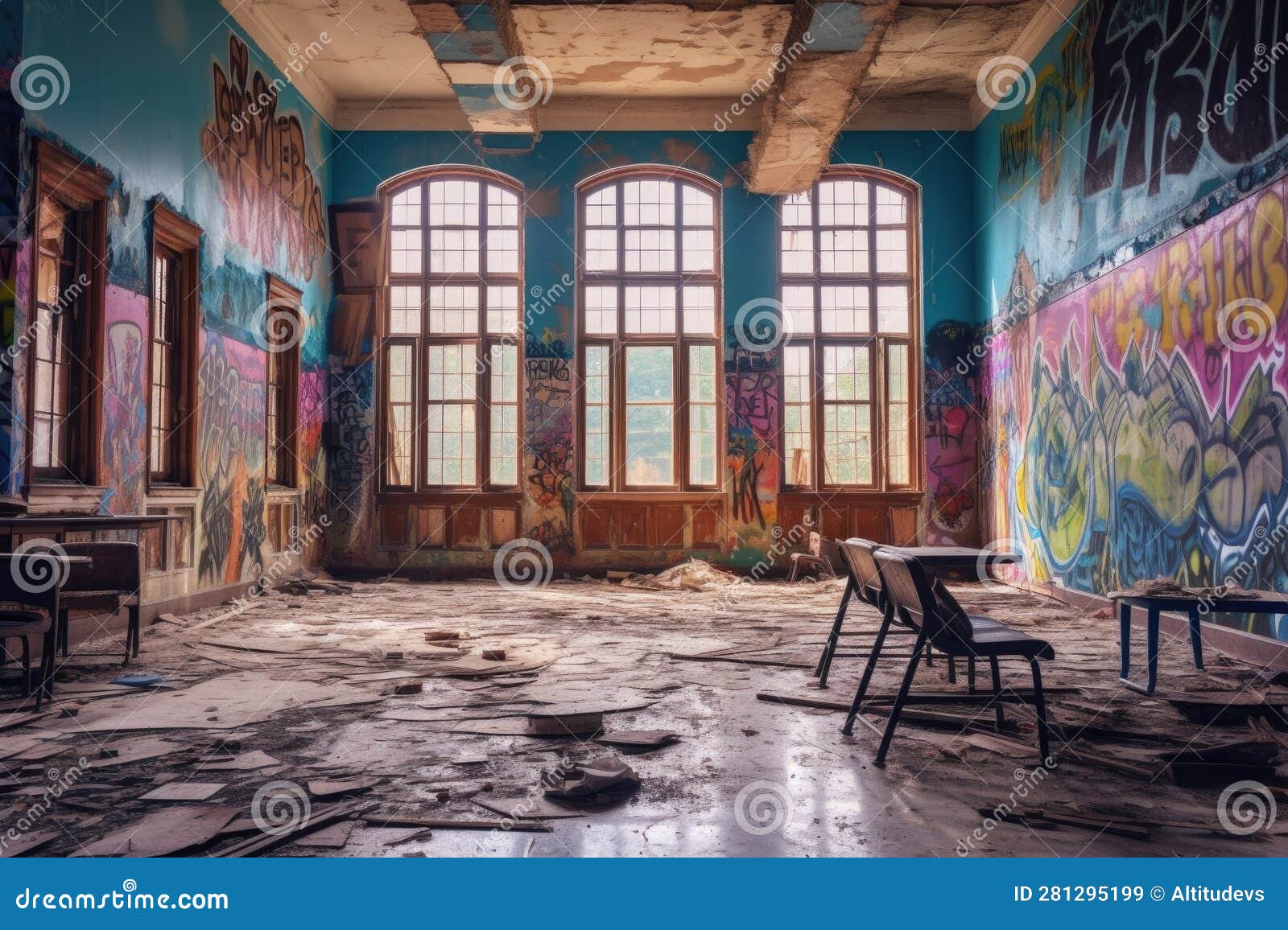 Deserted School Building with Broken Windows and Graffiti Stock ...