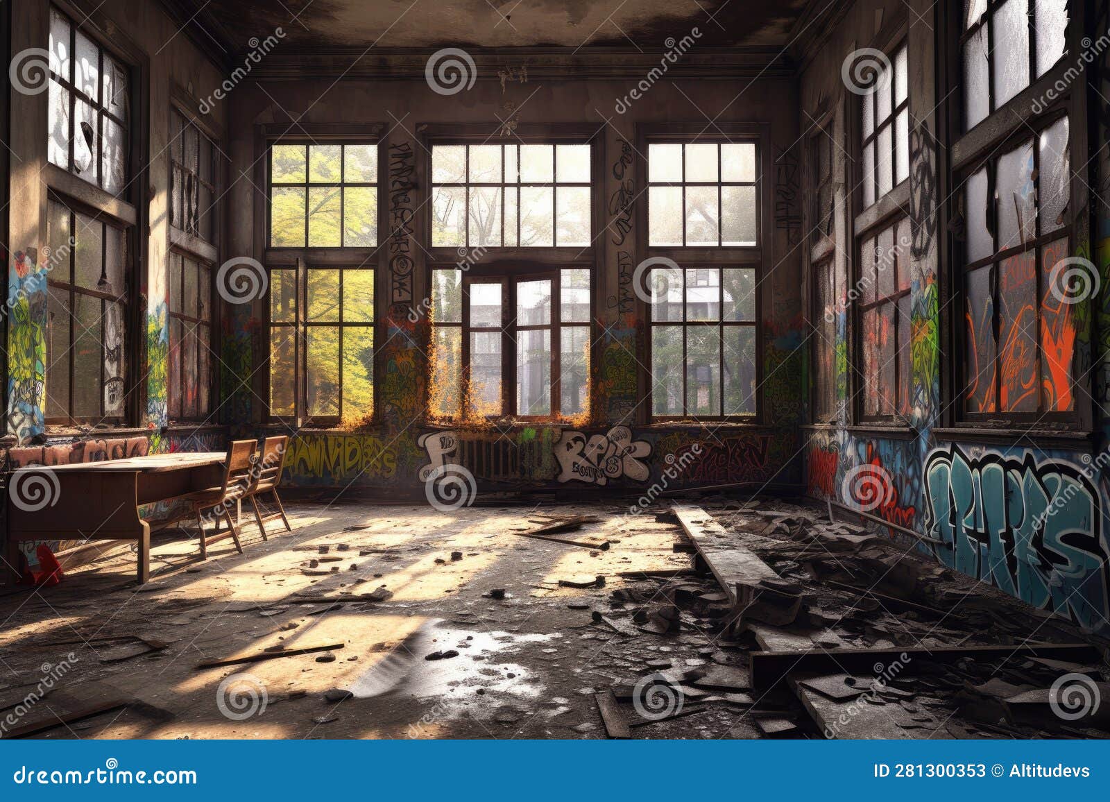 Deserted School Building with Broken Windows and Graffiti Stock Image ...