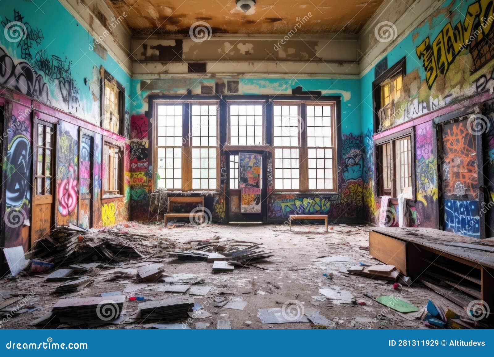 Deserted School Building with Broken Windows and Graffiti Stock ...