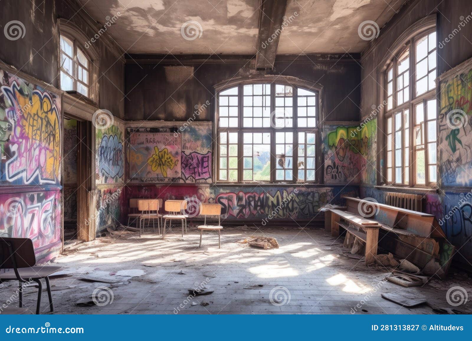 Deserted School Building with Broken Windows and Graffiti Stock Image ...