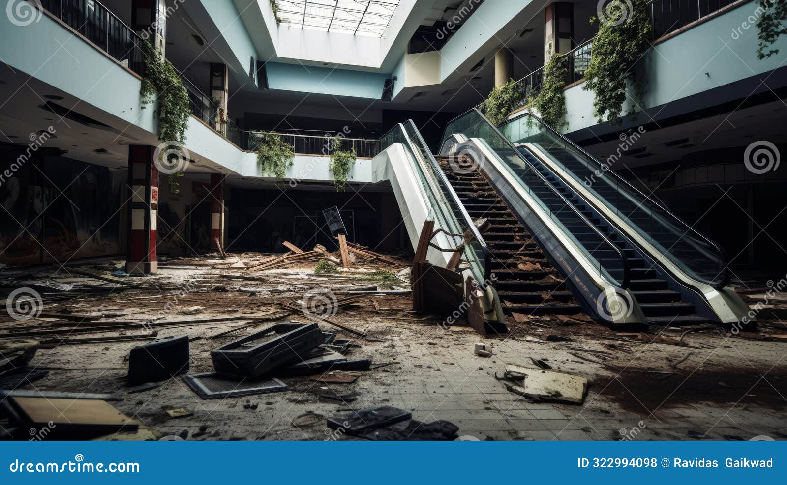 Deserted Shopping Mall With Broken Glass Windows, Eerie And Desolation ...