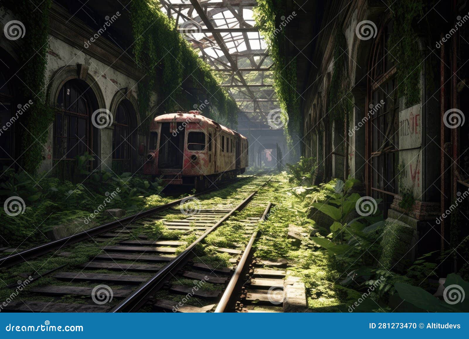 Deserted Train Station with Overgrown Tracks Stock Illustration ...