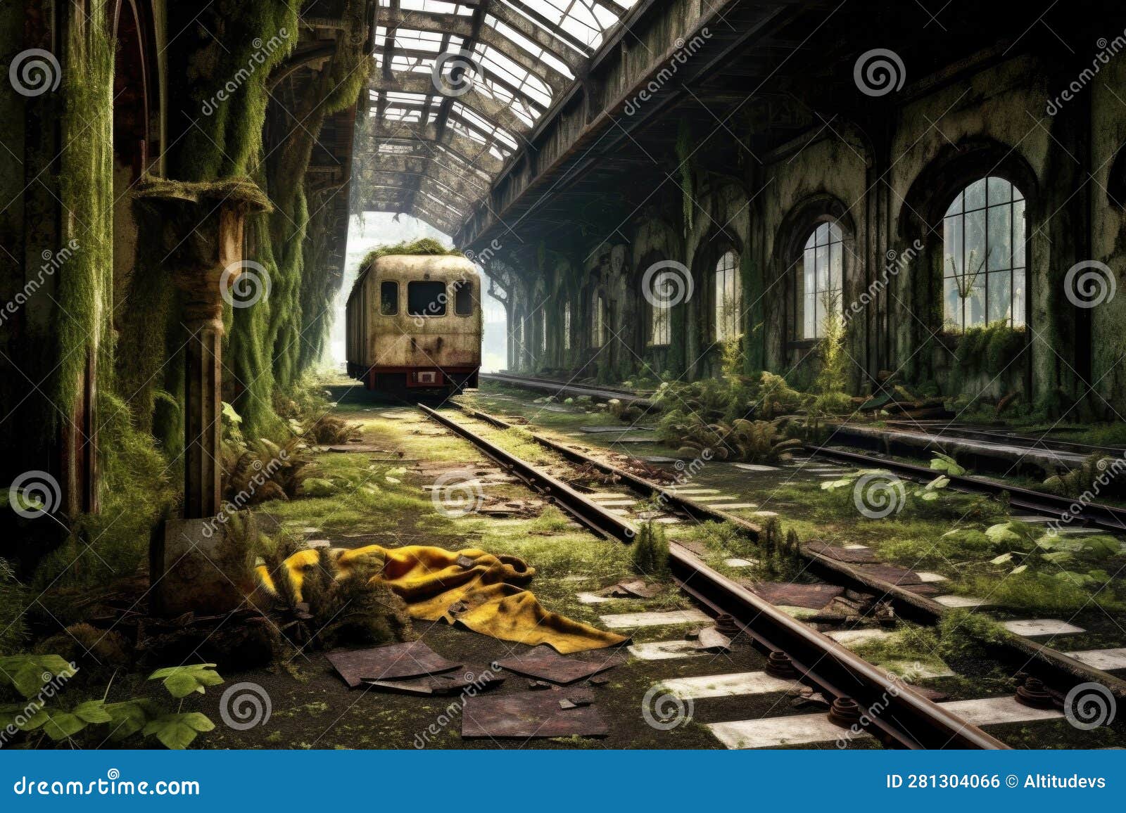 Deserted Train Station Platform with Rusty Tracks and Overgrowth Stock ...