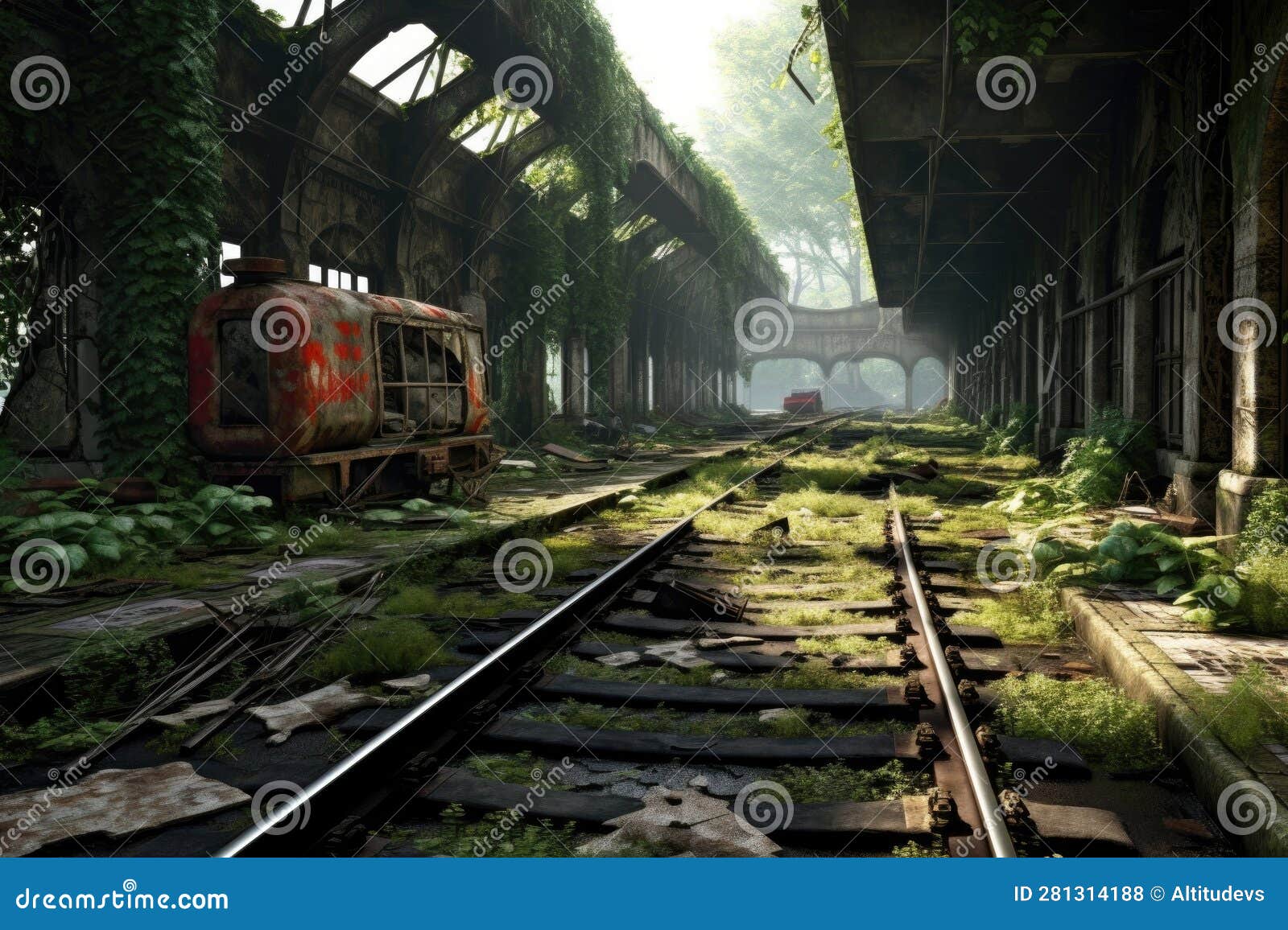 Deserted Train Station Platform with Rusty Tracks and Overgrowth Stock ...