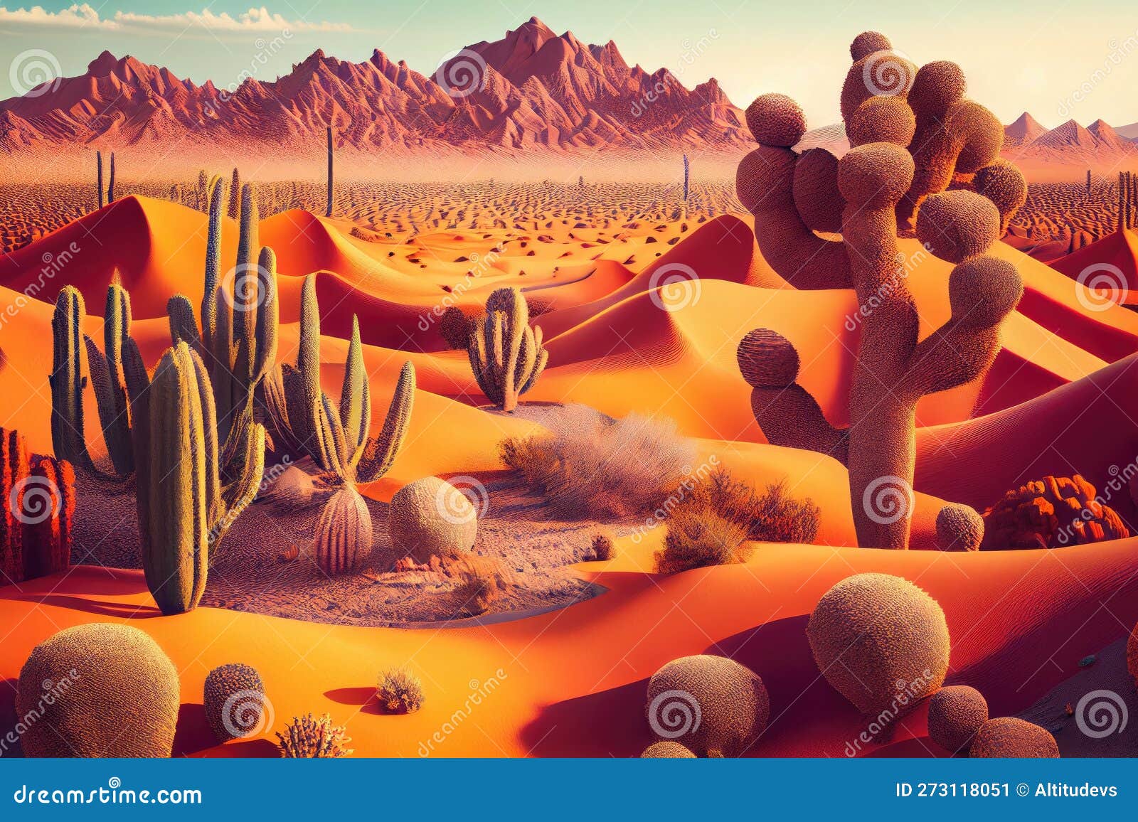 Desertscape with Multiple Cacti and Sand Dunes, Surrounded by Endless ...