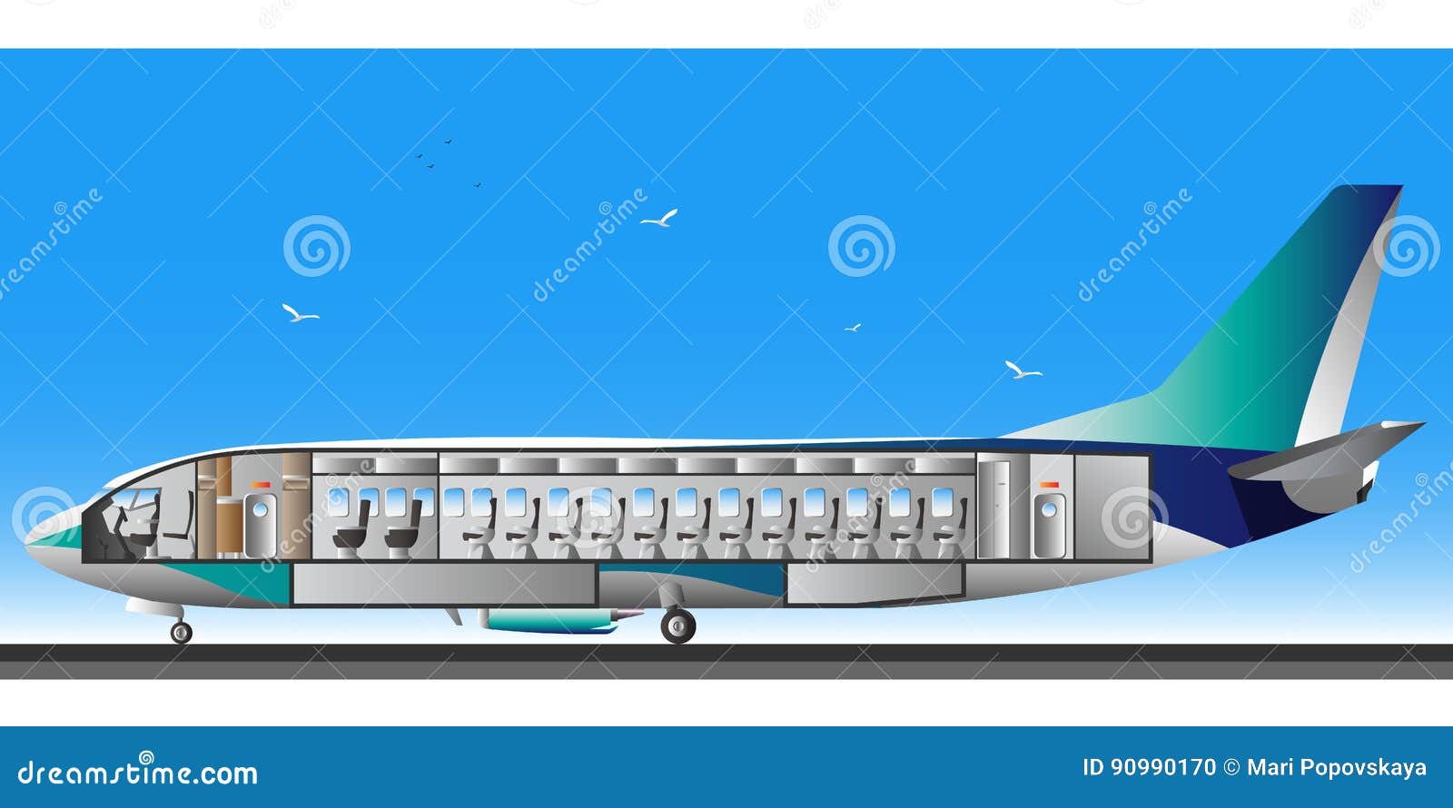 Airplane Interior. Transportation Cabin Seats Aircraft Salon Vector ...
