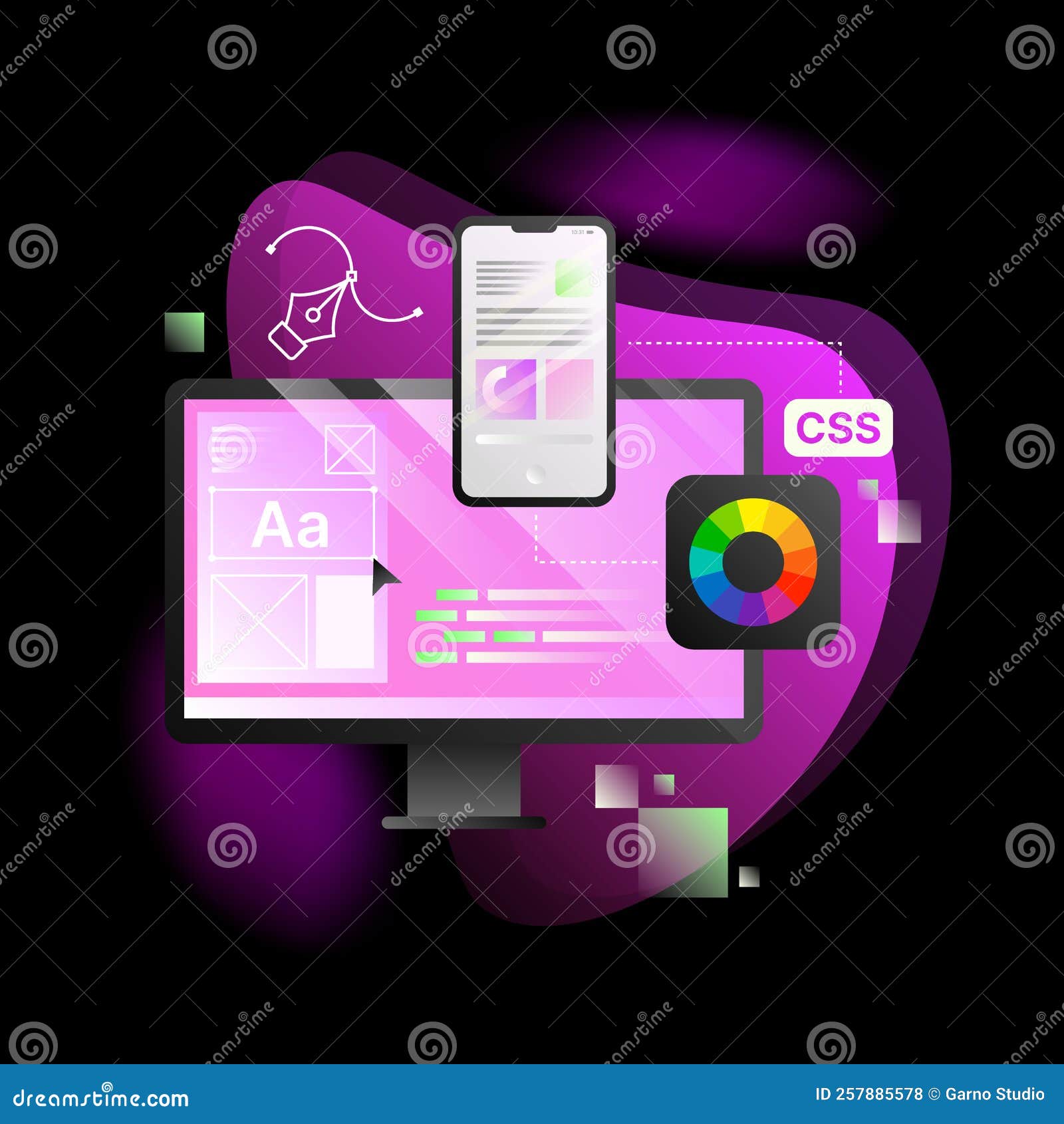 Design Application Illustration. Pink Computer Desktop with Online ...