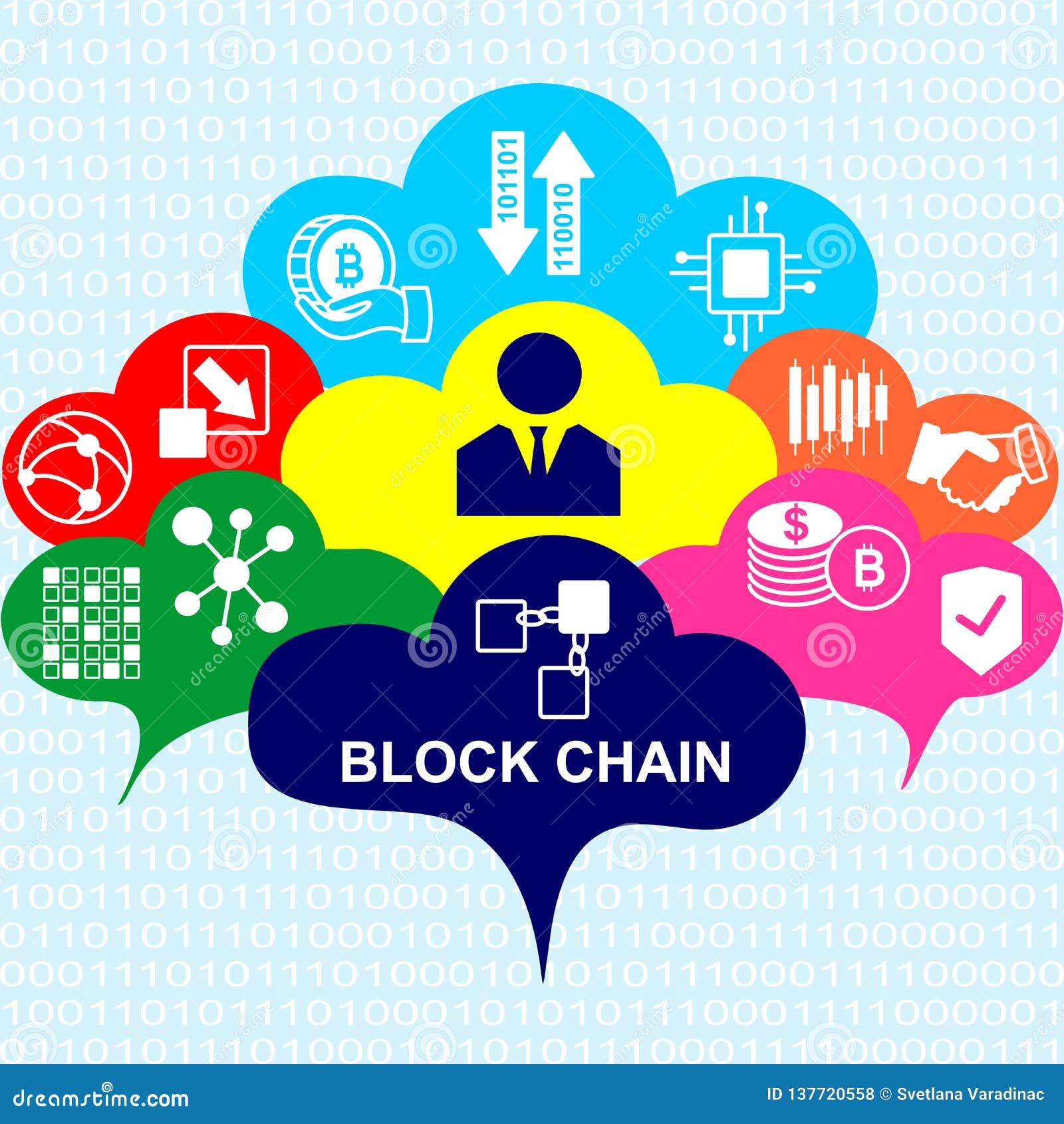 Blockchain Vector Background Illustration with Clouds and Icons ...