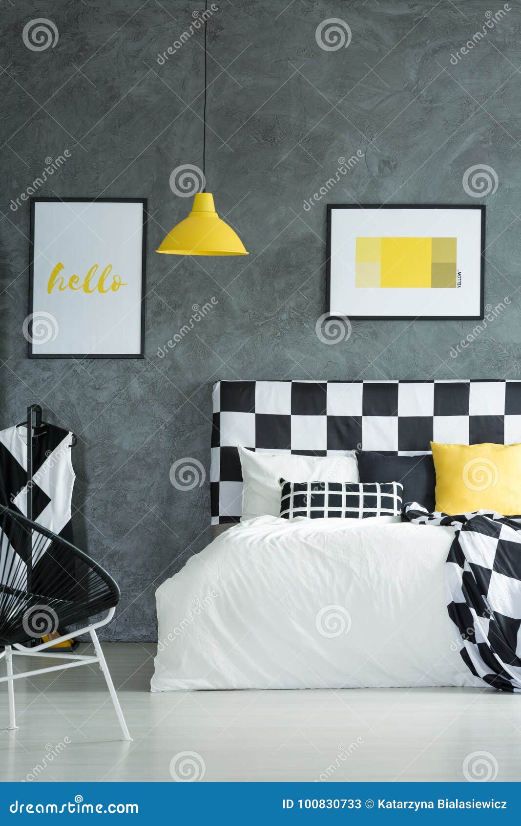 Design Bedroom with Yellow Posters Stock Image - Image of bedding ...