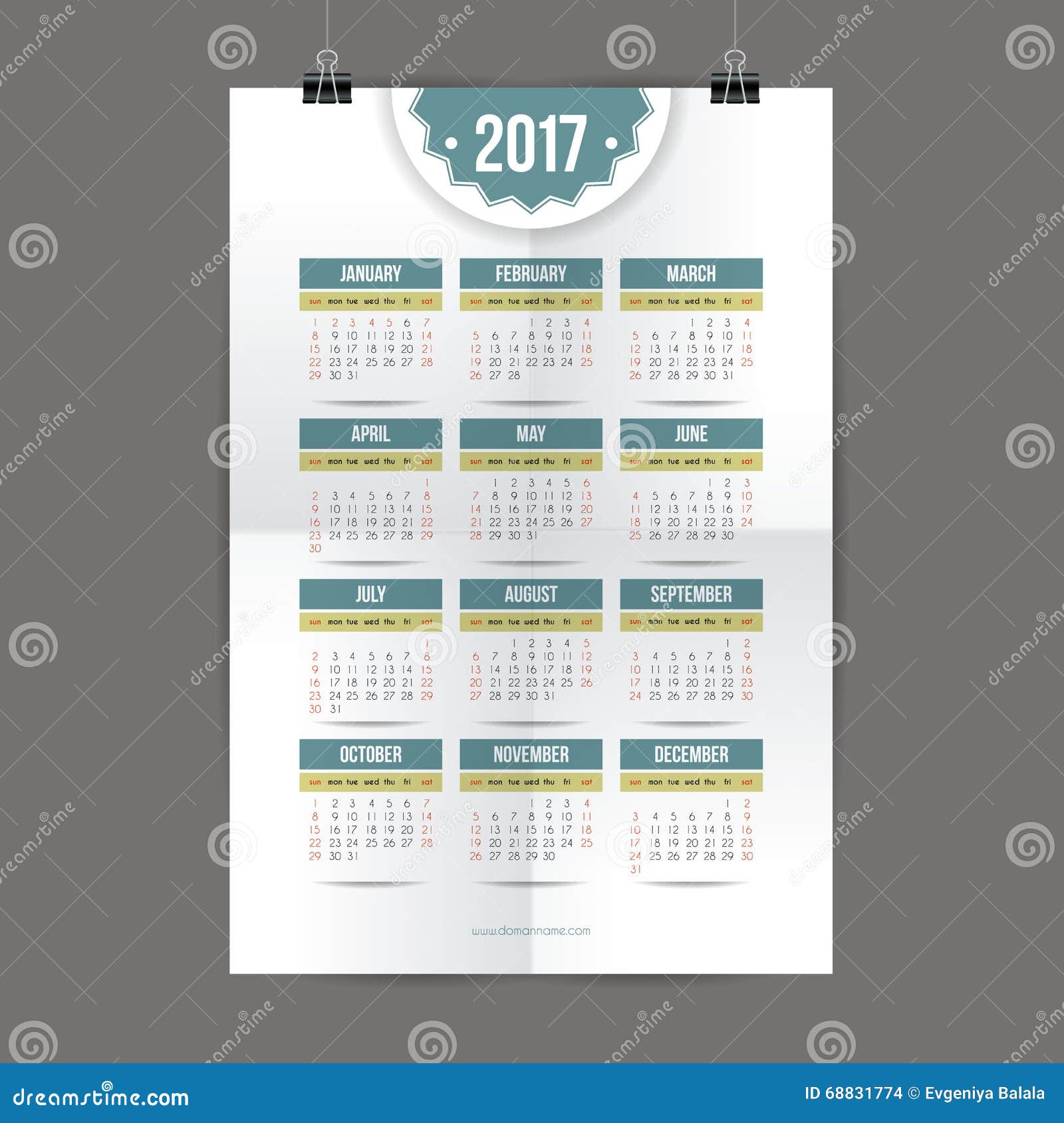 Design for Calendar 2017. English or American System. Sunday Start ...