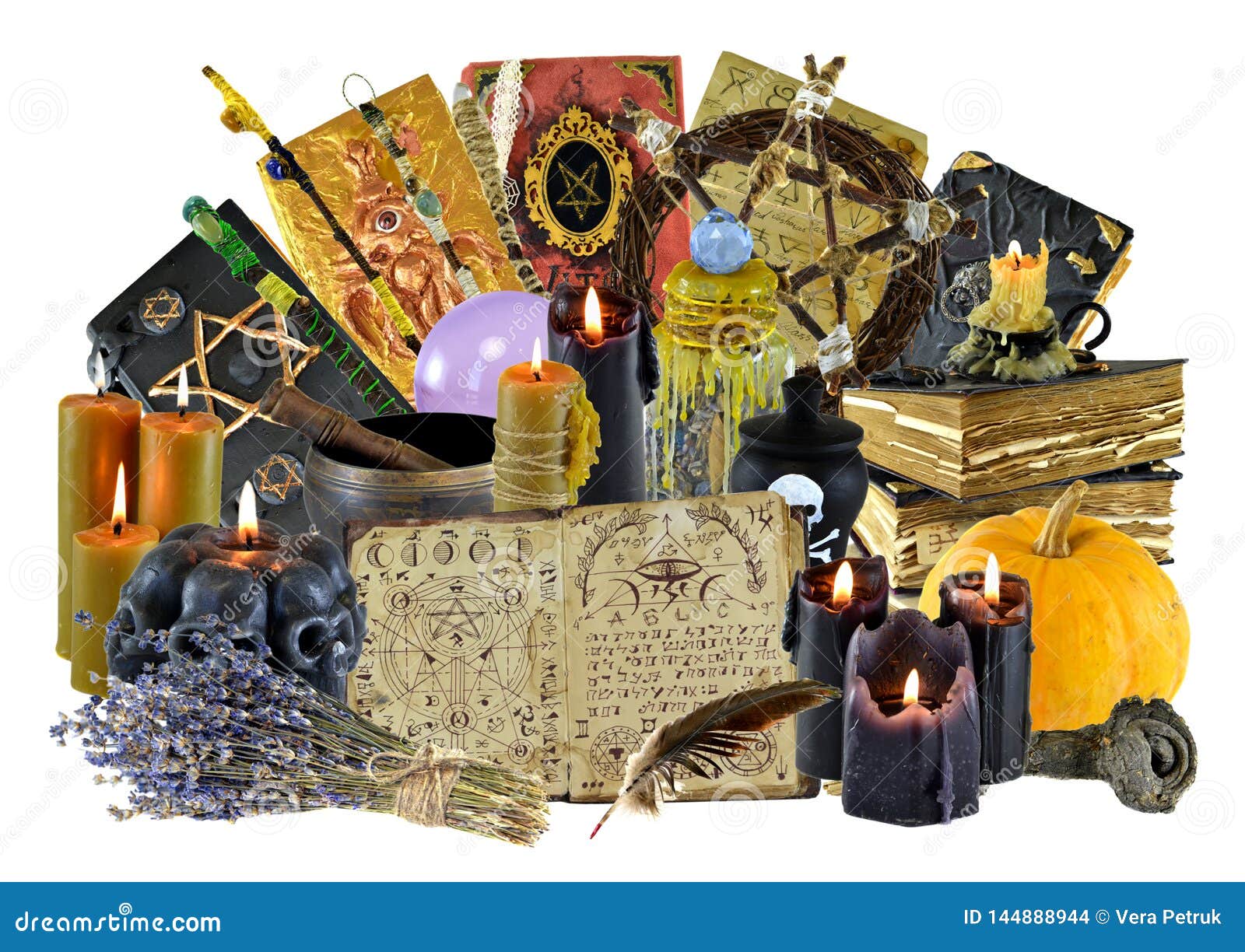 Design Collage with Group of Magic Ritual Objects, Witch Book, Candles ...