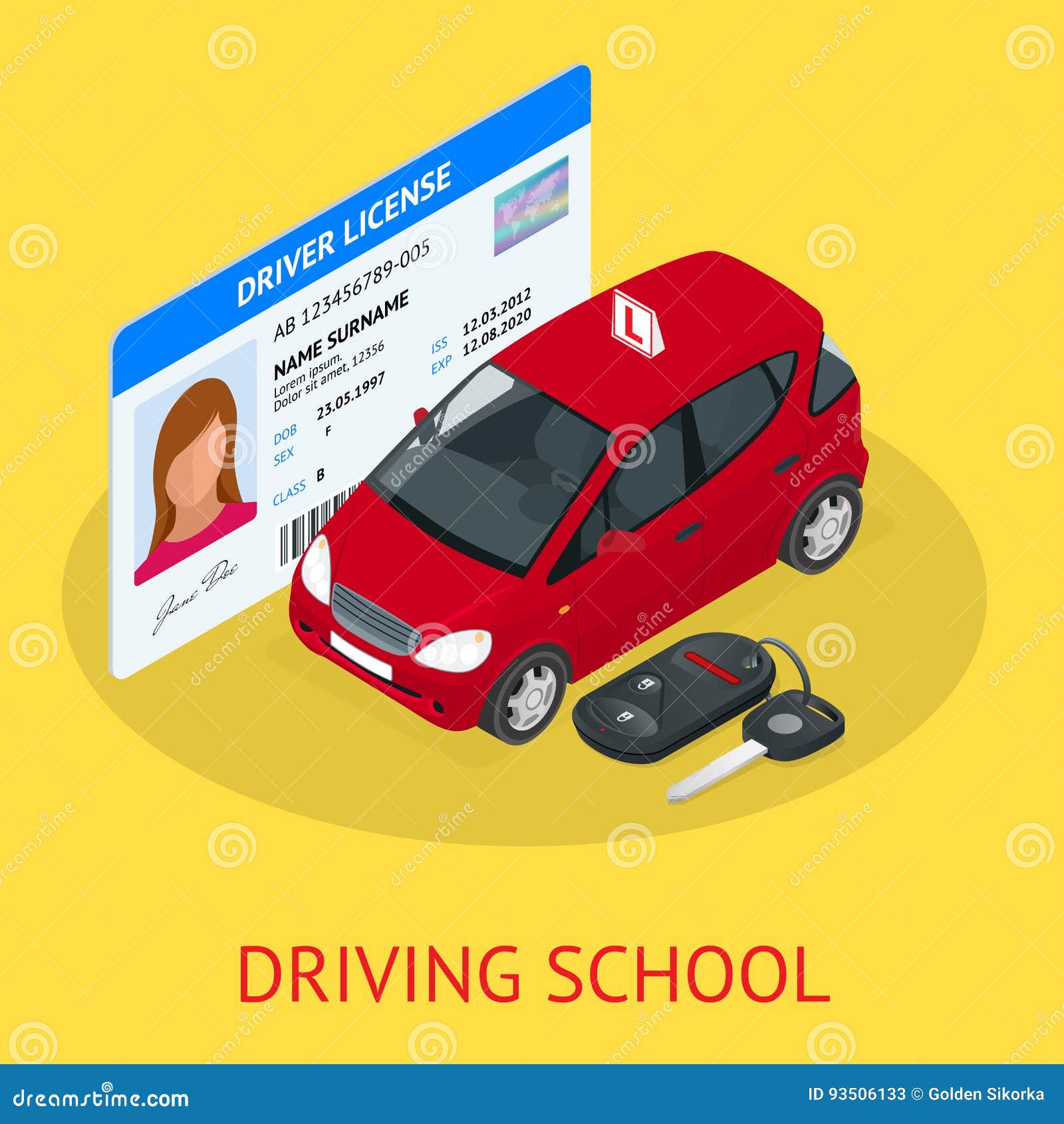 Design Concept Driving School or Learning To Drive. Flat Isometric ...